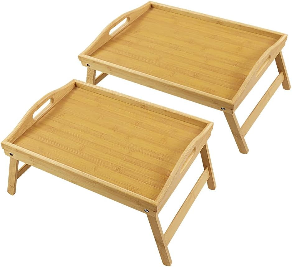 Bamboo Bed Tray Table with Folding Legs Set of 2 Foldable Serving Tray ...