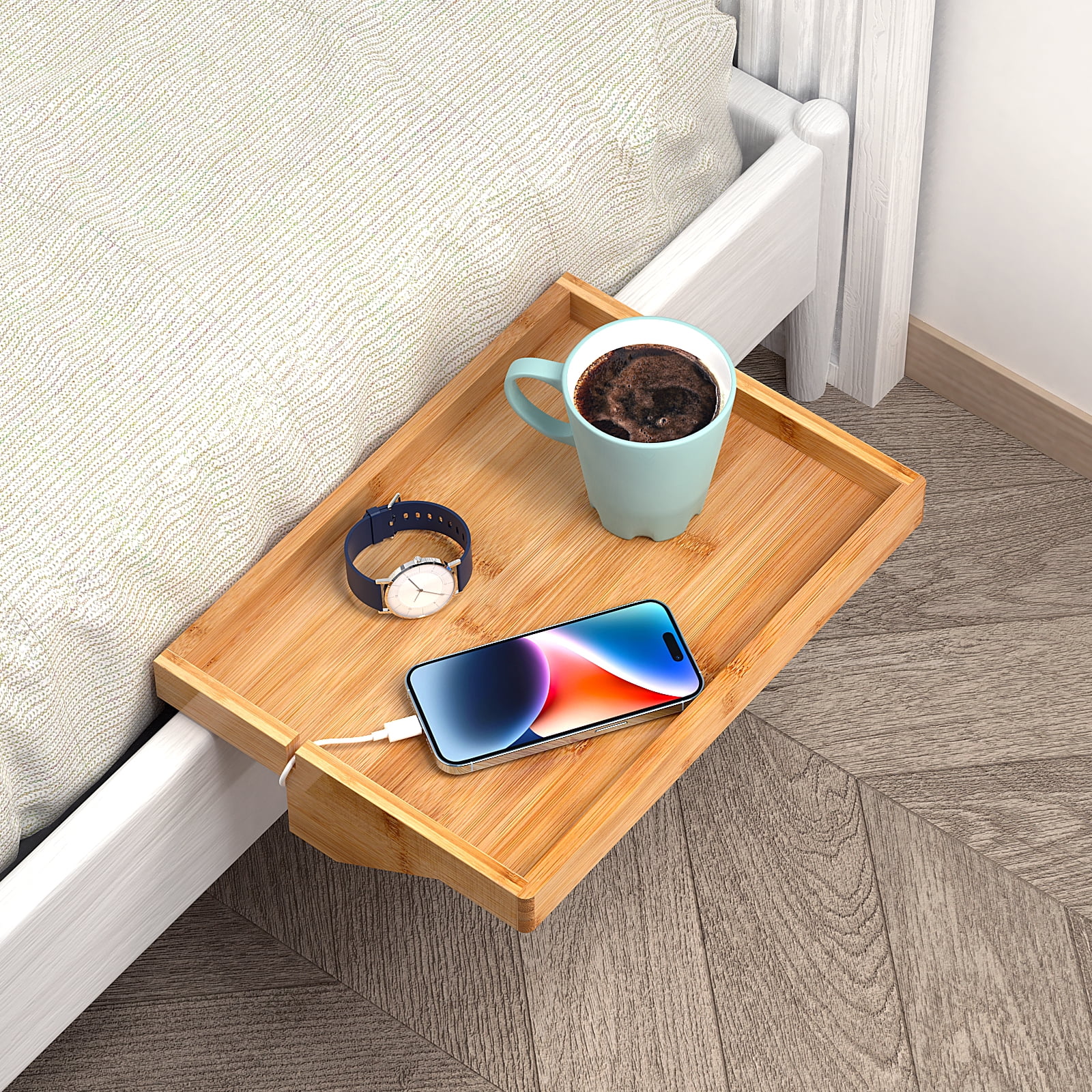 Bamboo Bedside Shelf Nightstand for Bunk Bed, Bedside Table Organizer ...