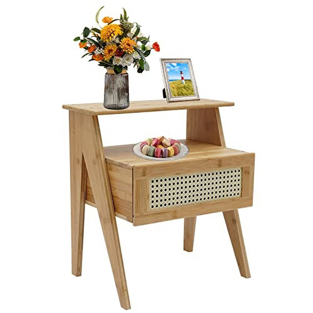 Bamboo Bedside Table, Coffee Table with Drawers and Solid Wood Legs ...
