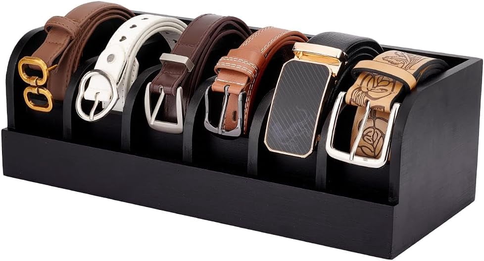 Bamboo Belt Organizer Box with 6 Dividers Belt Rack Container Storage ...