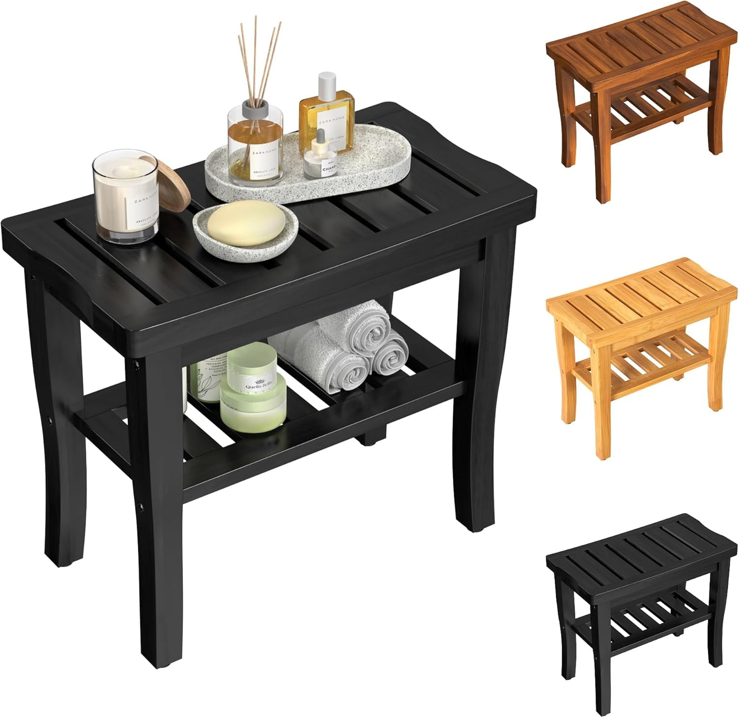 Bamboo Black Shower Bench Stool Shower Chair Seat Adult Women Her ...