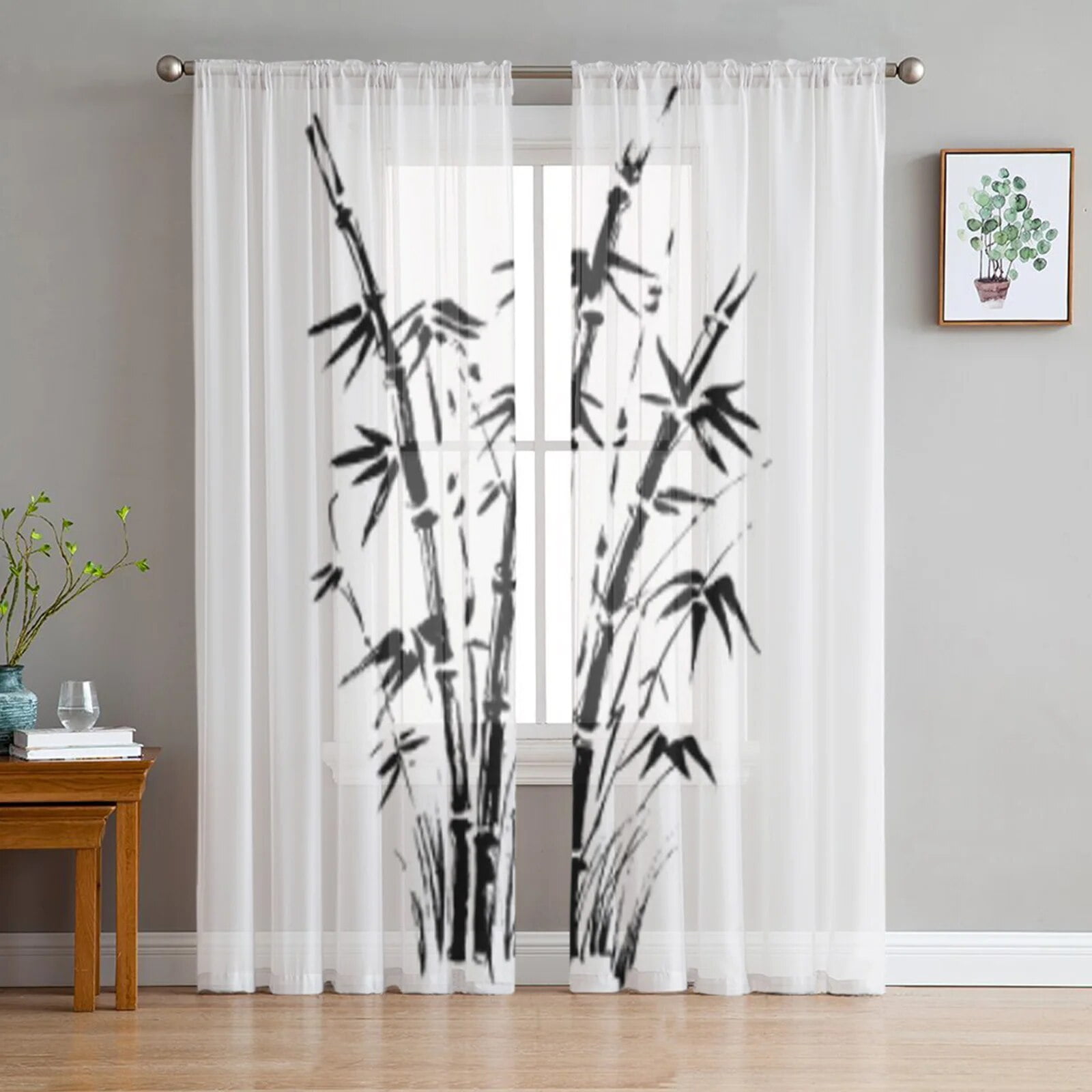 Bamboo Black Simple Bay Window Screening Curtains Drape Panel Sheer ...