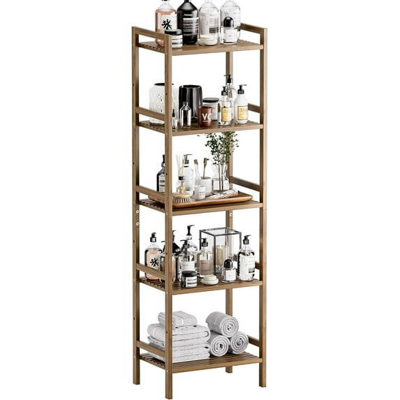 Bamboo Book Shelf, Tall Narrow Bookcase, Bathroom Shelving Unit 5 Tier ...