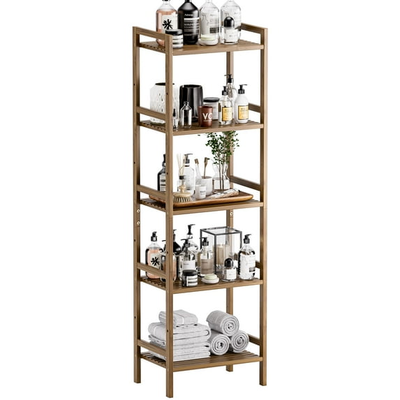 Bamboo Book Shelf, Tall Narrow Bookcase, Bathroom Shelving Unit 5 Tier ...