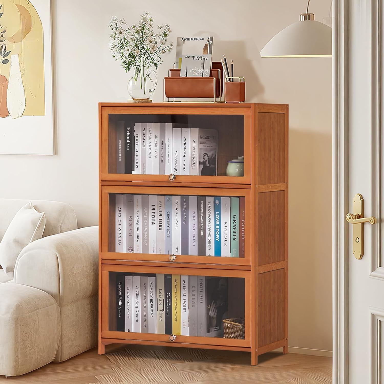 Bamboo Bookcase with Acrylic Doors, 3 Tier Free Standing Book Shelf ...