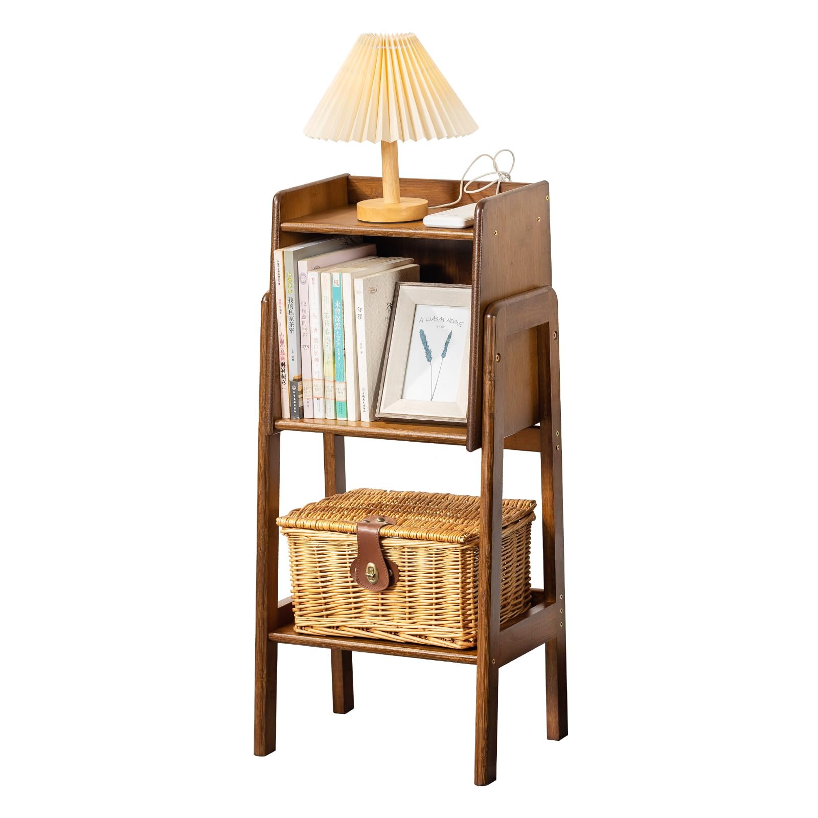 Bamboo Bookcase with Cabinet, Natural End Table with 1-Tier Storage ...