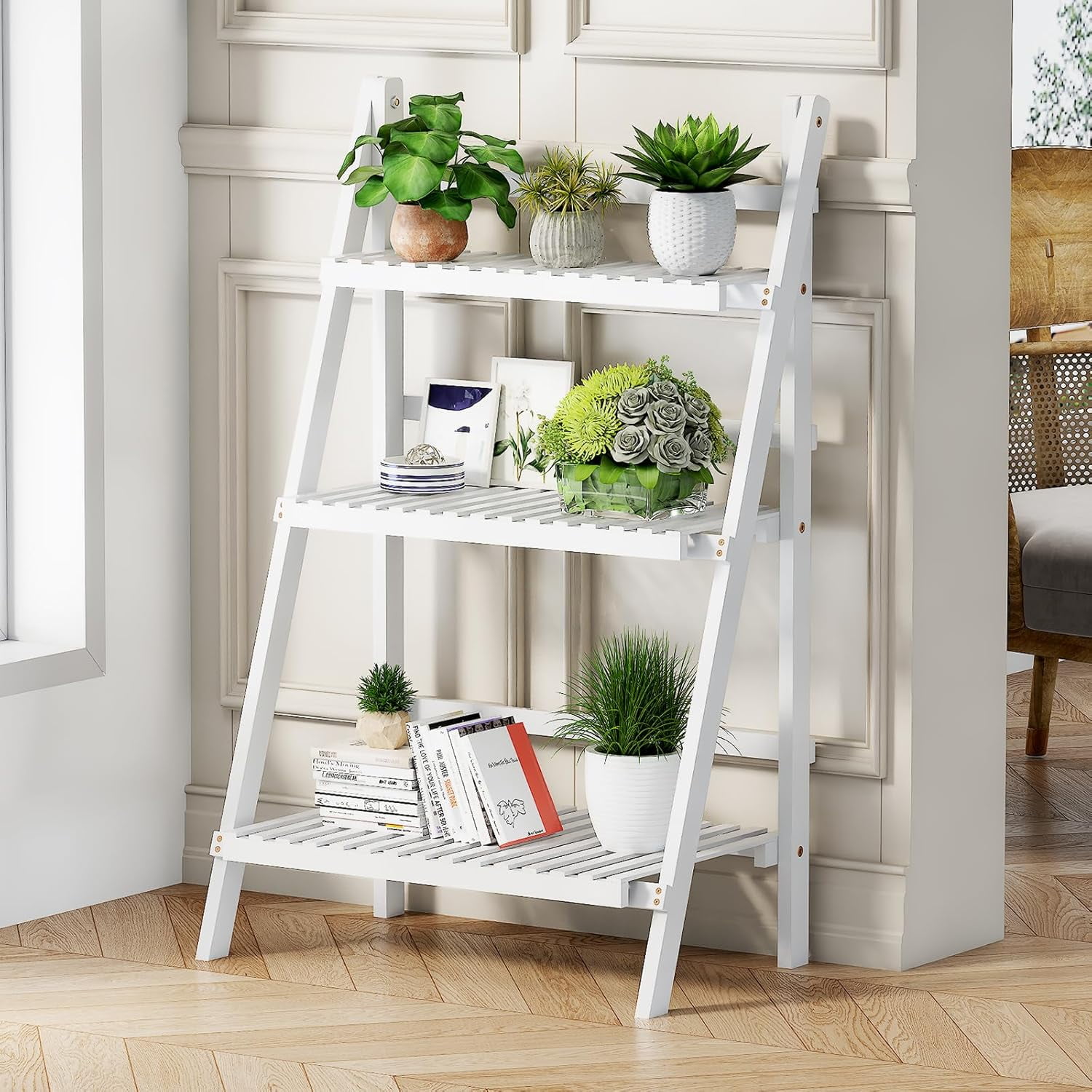 Bamboo Bookshelf 3-Tier Ladder Shelf, 39.4” Freestanding Open Bookcase ...