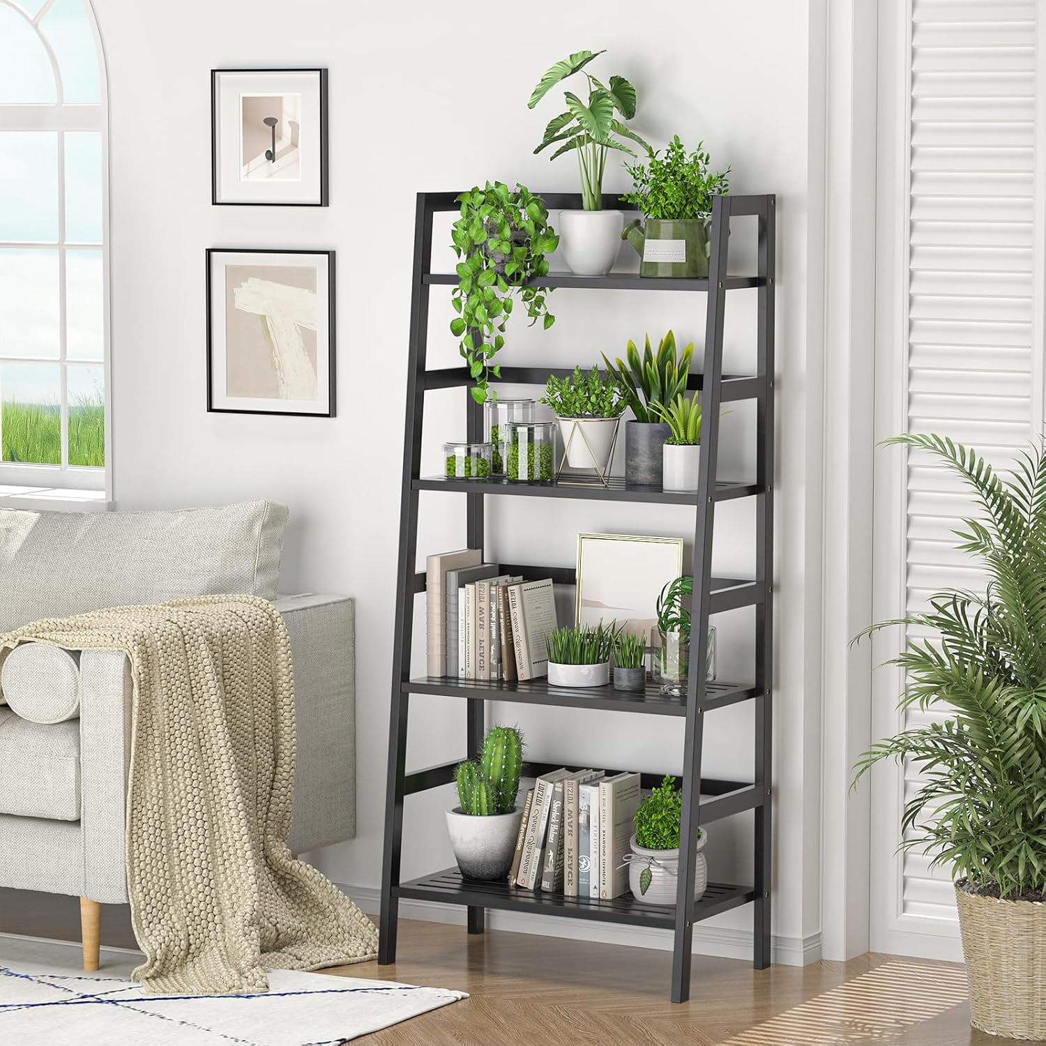 Bamboo Bookshelf 4-Tier Ladder Shelf, 49.2” Freestanding Open Bookcase ...