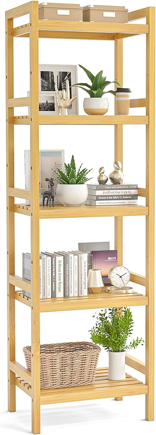 Bamboo Bookshelf, 5-Tier Narrow 55.9” Adjustable Book Shelf Bookcase ...