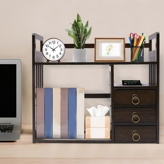 Bamboo Bookshelf Desktop Organizer Desk Rack Storage Shelves w/3 ...