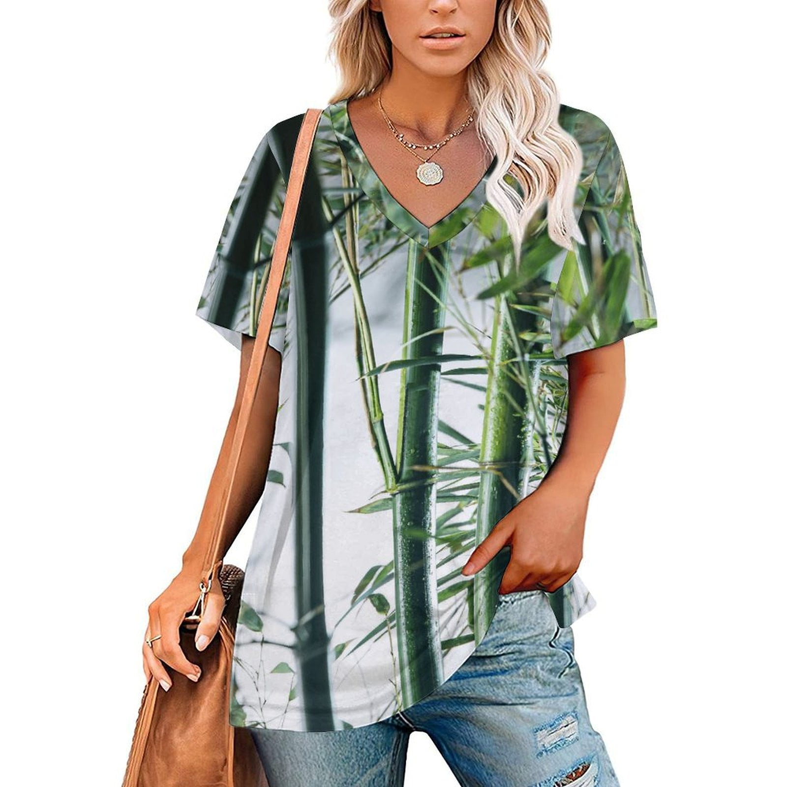 Bamboo Branches Pictures Fashion Female T-Shirt Short Sleeve Lady V ...