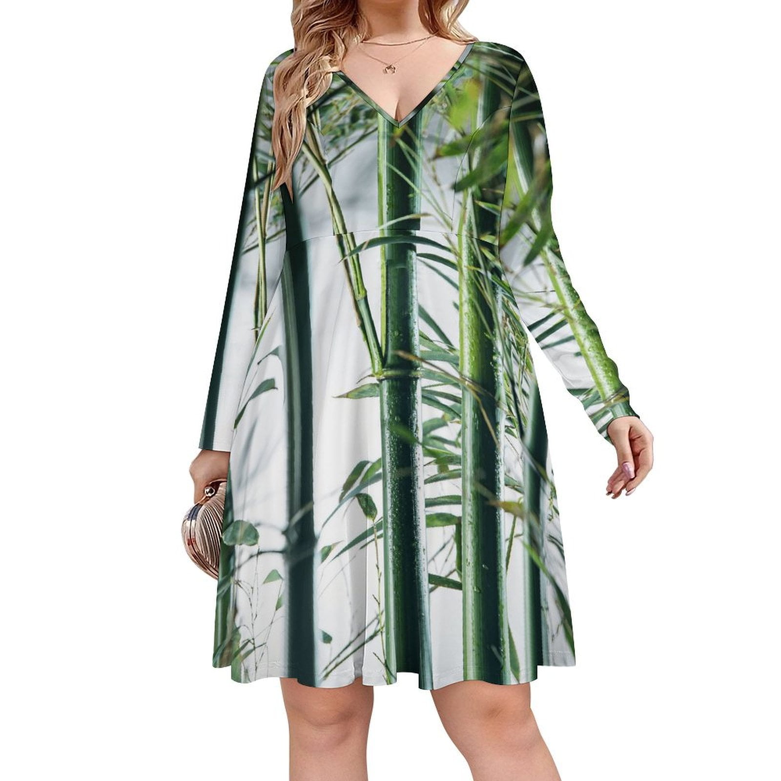 Bamboo Branches Pictures Long Sleeve Dresses For Women Vintage Elegant Party Dress Oversized V ...