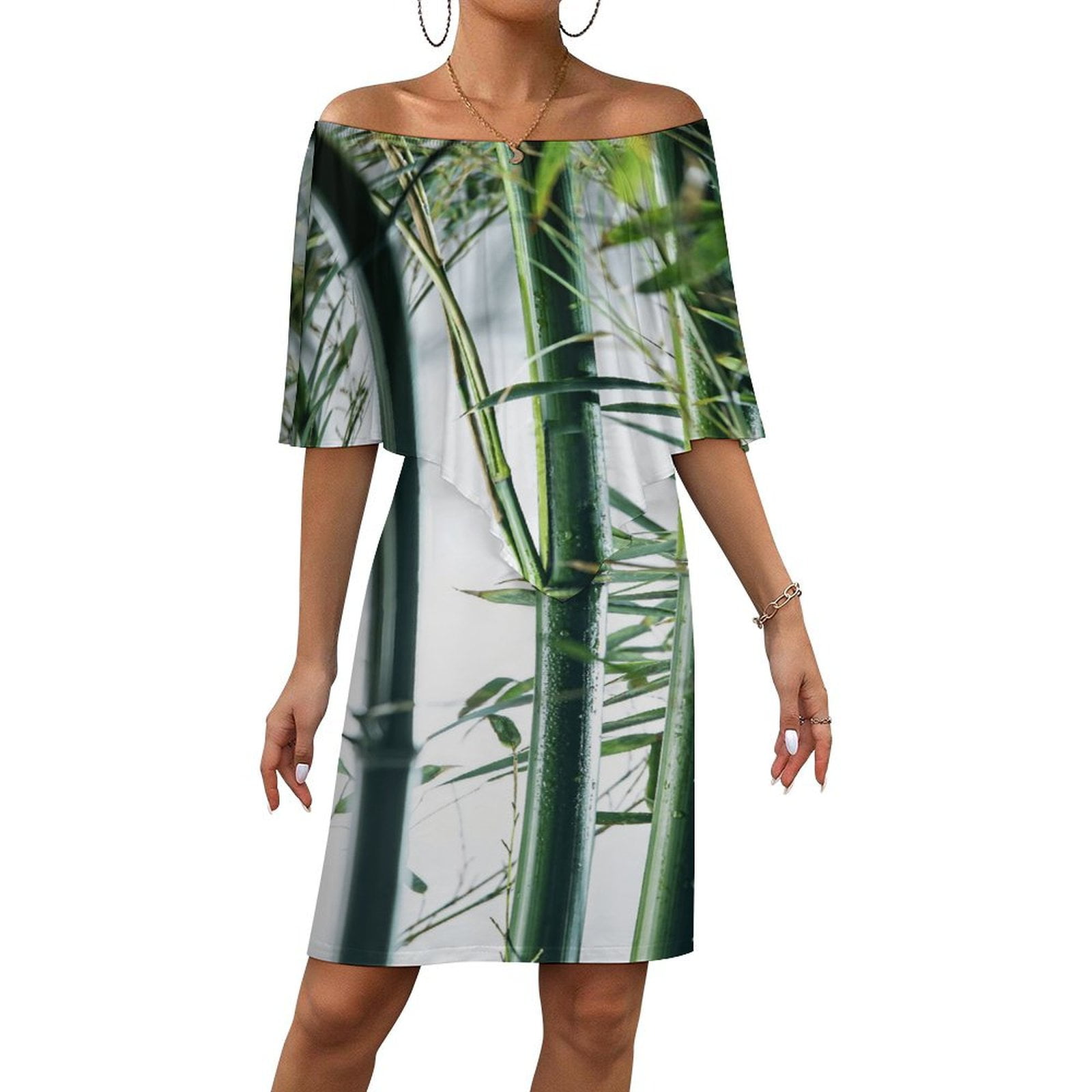 Bamboo Branches Pictures Women's Off The Shoulder Ruffles Summer ...