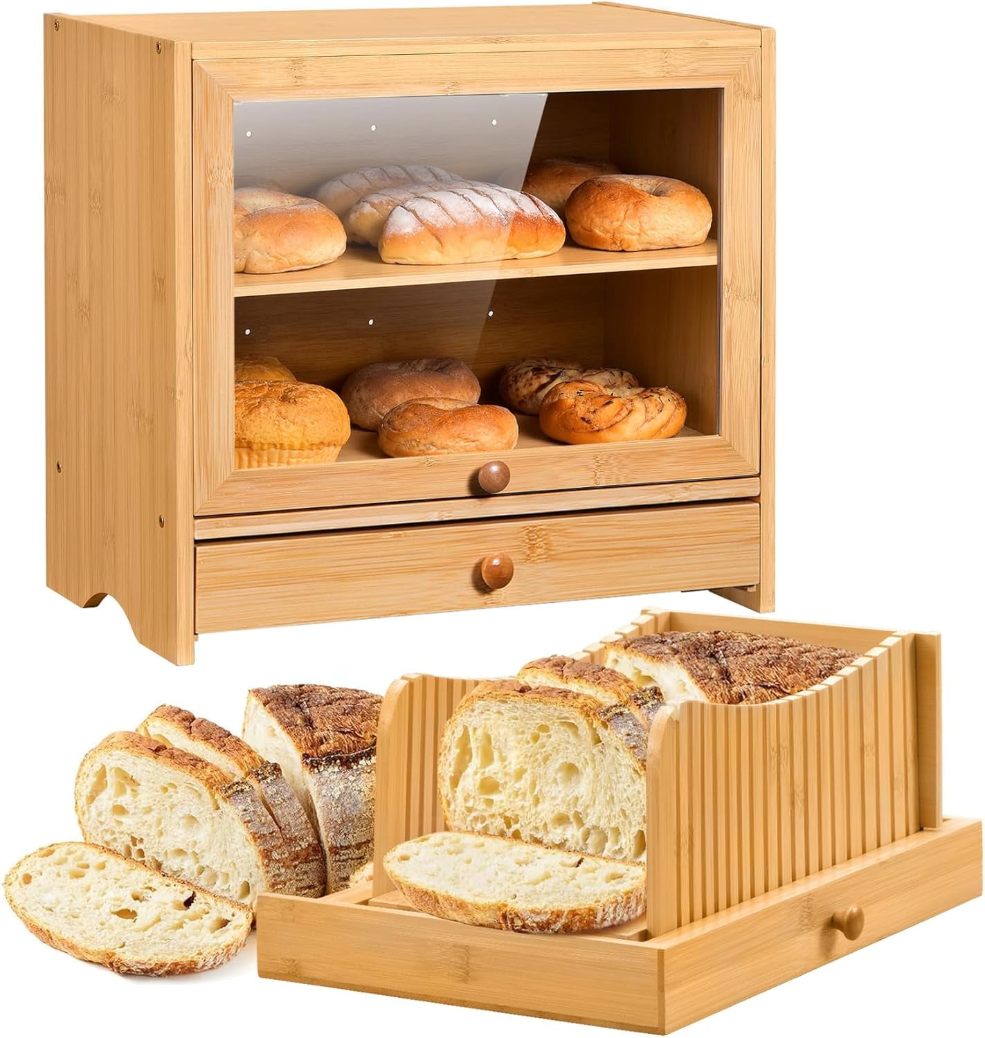 Bamboo Bread Box with Bread Slicer, Corner Bread Box for Kitchen Countertop, Bread Box for ...