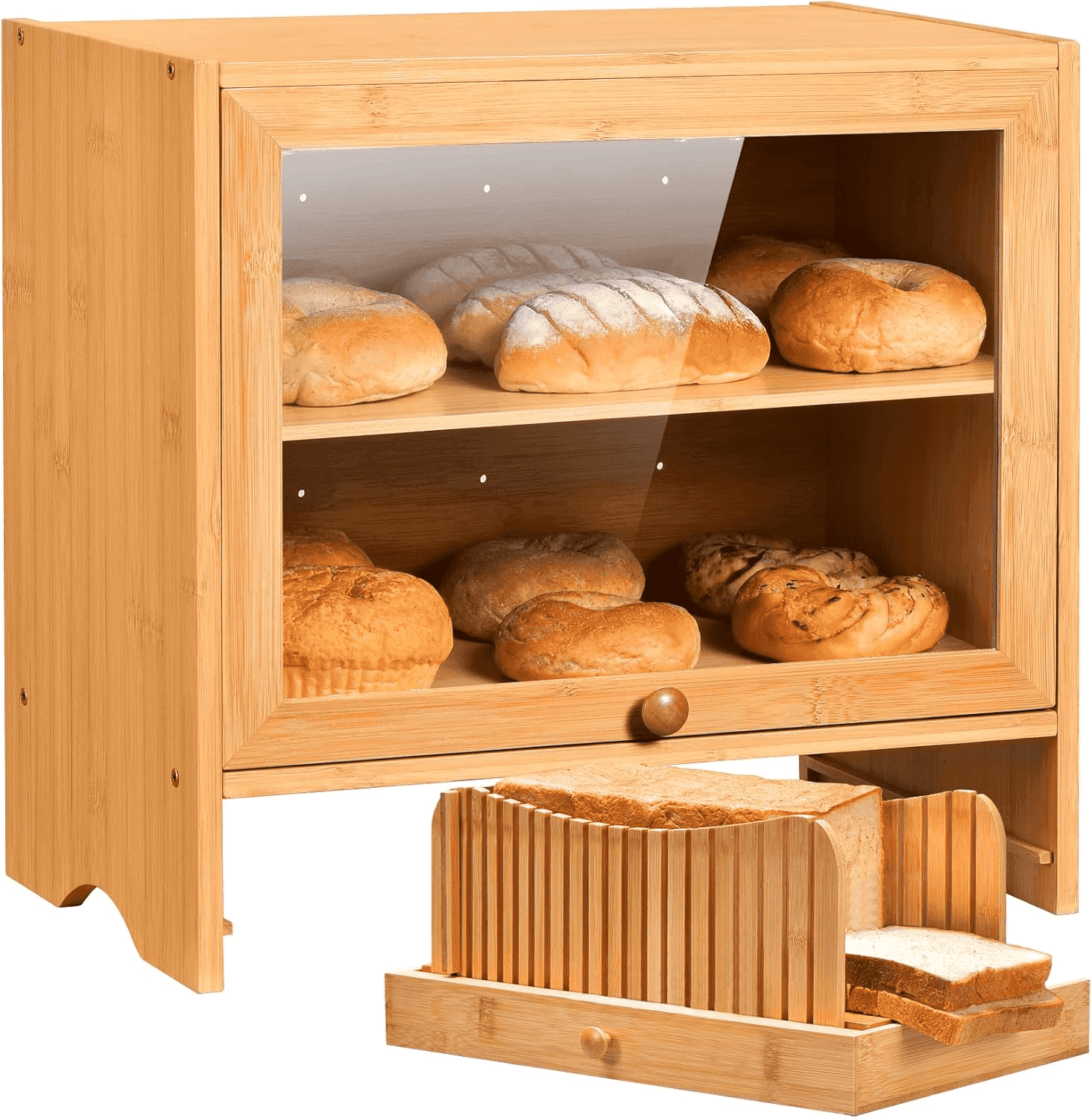 Bamboo Bread Box with Bread Slicer, Corner Bread Box for Kitchen ...