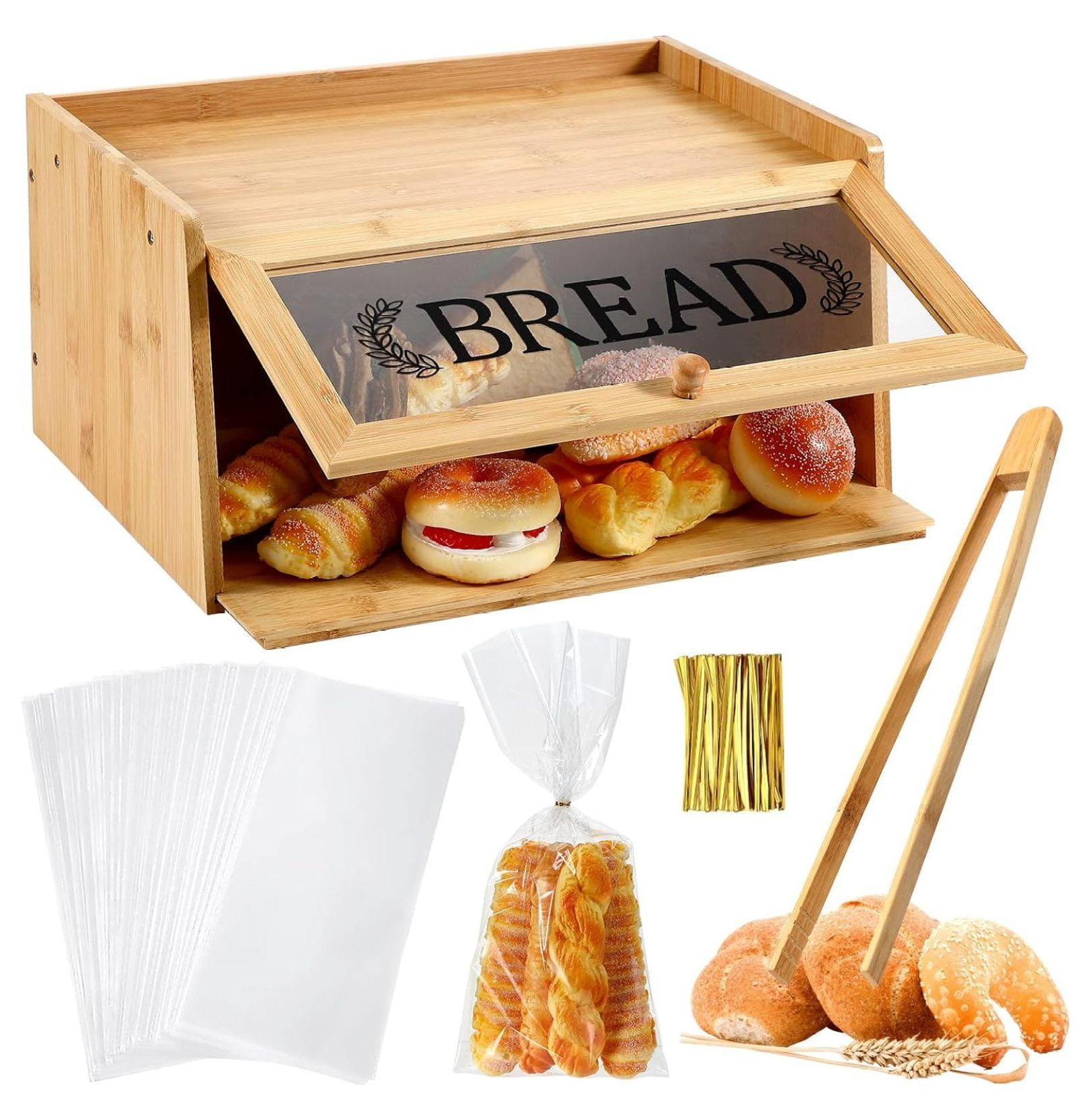 Bamboo Bread Box with Cutting Board 1 Pcs Bamboo Wooden Food Tongs 50 ...