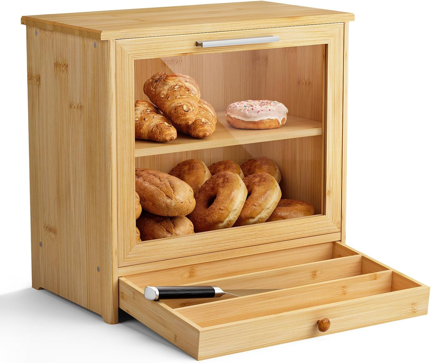 Bamboo Bread Box for Kitchen Counter: Large 2-Tier Bread Storage ...