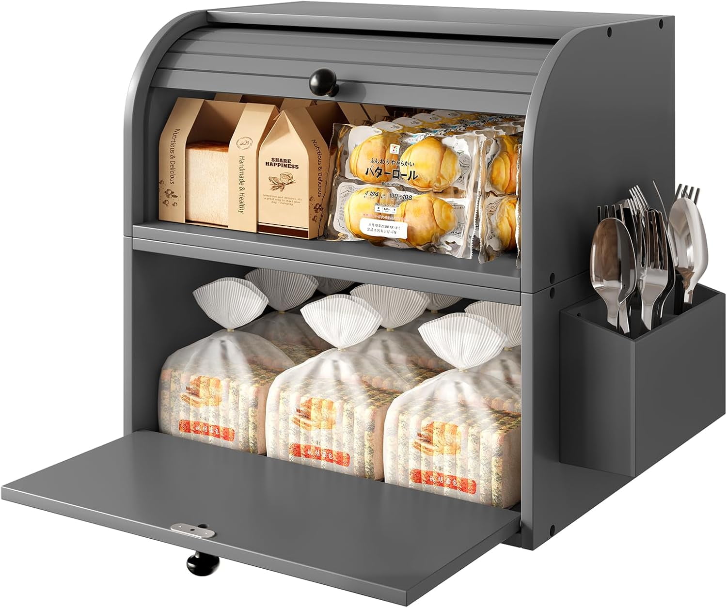 Bamboo Bread Box for Kitchen Countertop Dobule Layer Roll Top Bread Bin ...