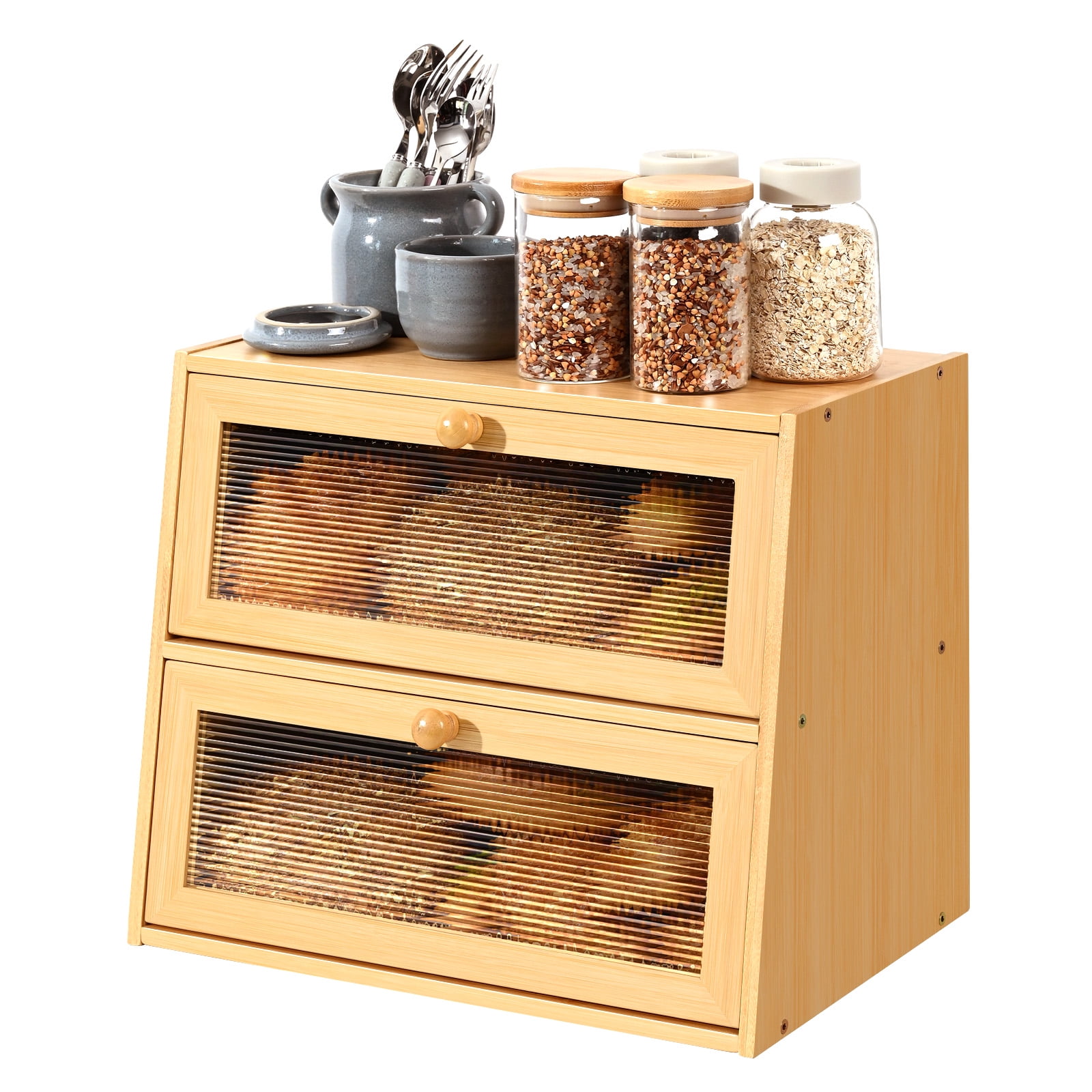 Bamboo Bread Box for Kitchen Countertop, Double Layer Bread Container ...