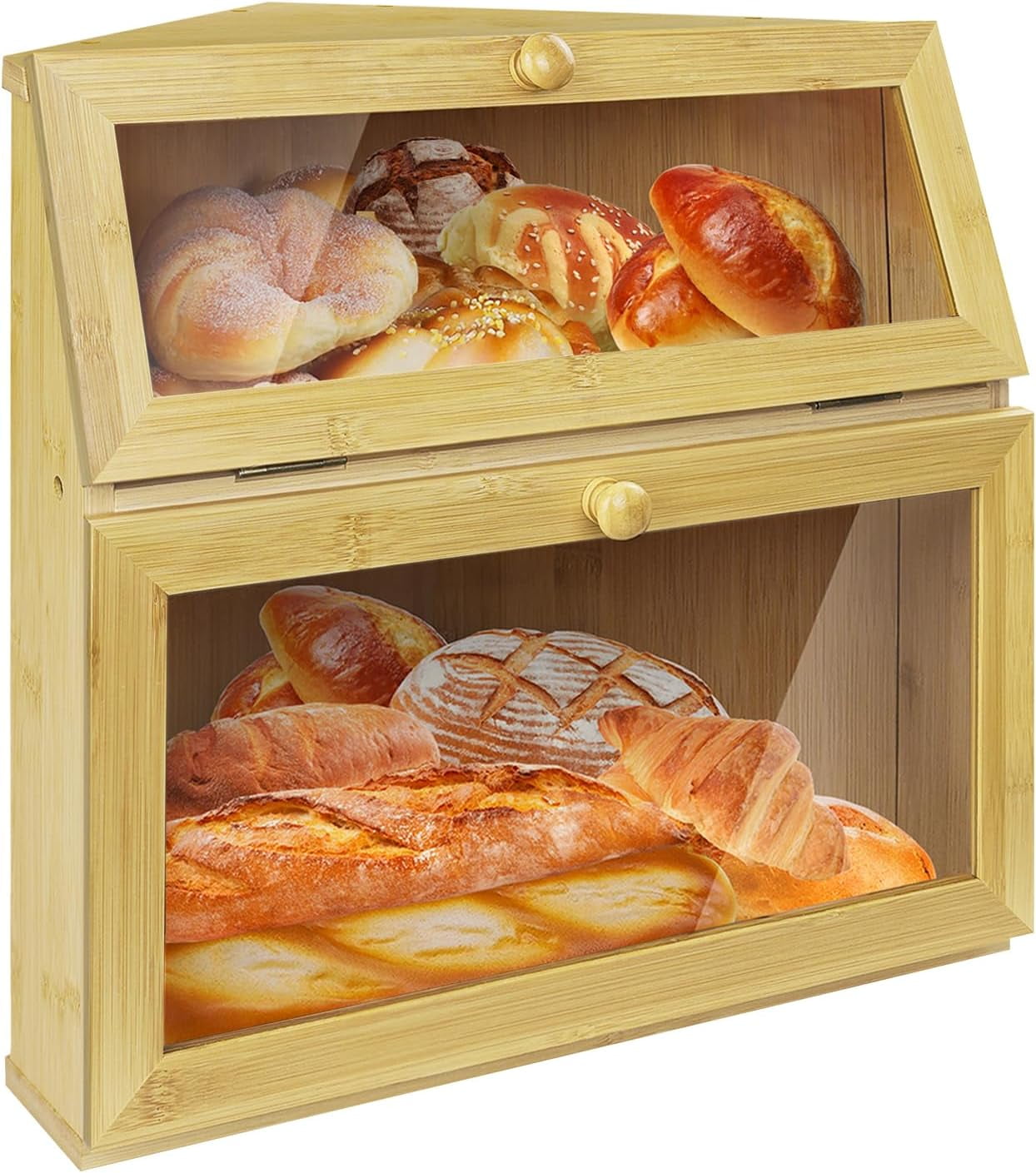 Bamboo Bread Container for Countertop, Double Layer Wood Farmhouse ...