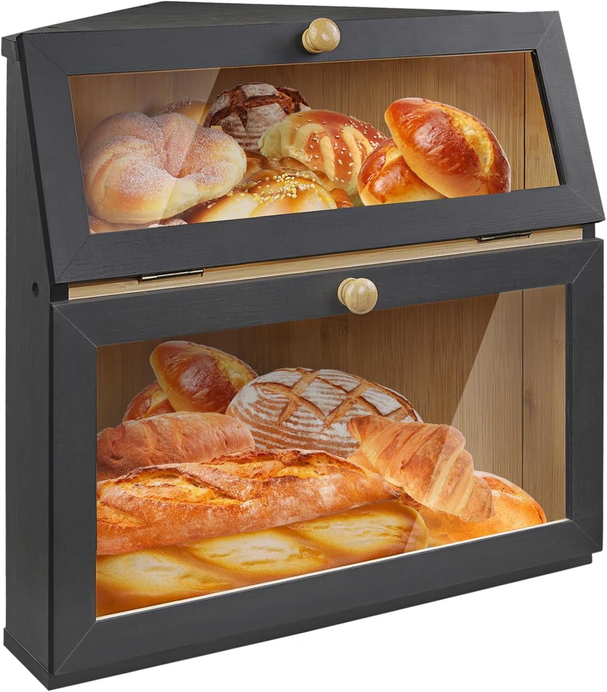 Bamboo Bread Container for Countertop, Double Layer Wood Farmhouse ...