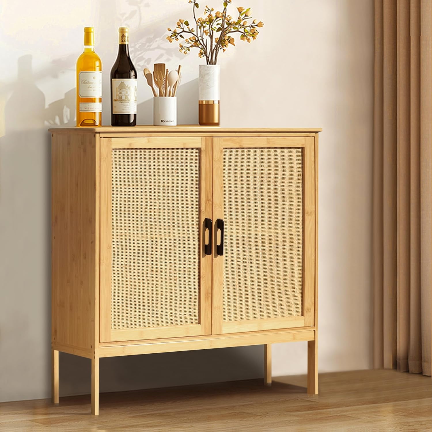 Bamboo Buffet Cabinet Sideboard Cabinet with Natural Rattan Doors ...