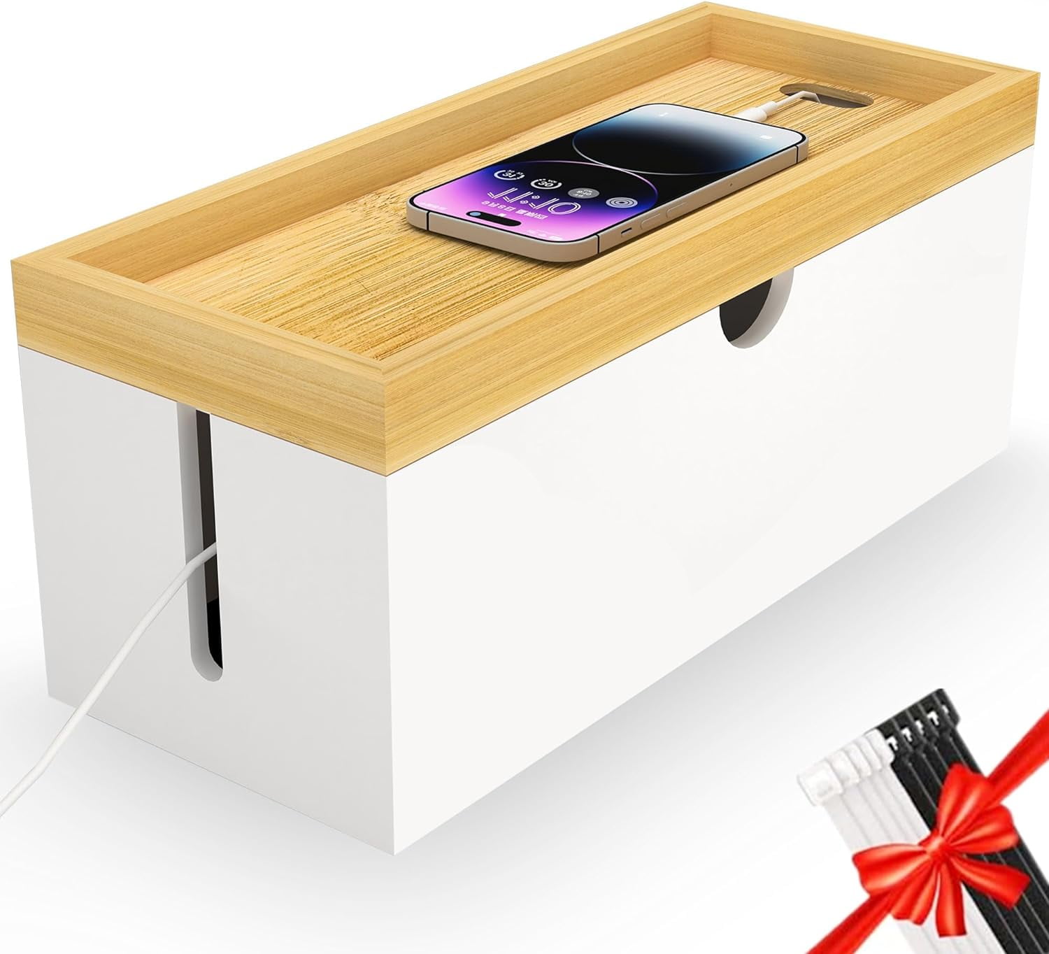 Bamboo Cable Management Box, Large Cord Organizer Box Cable Box to Hide ...