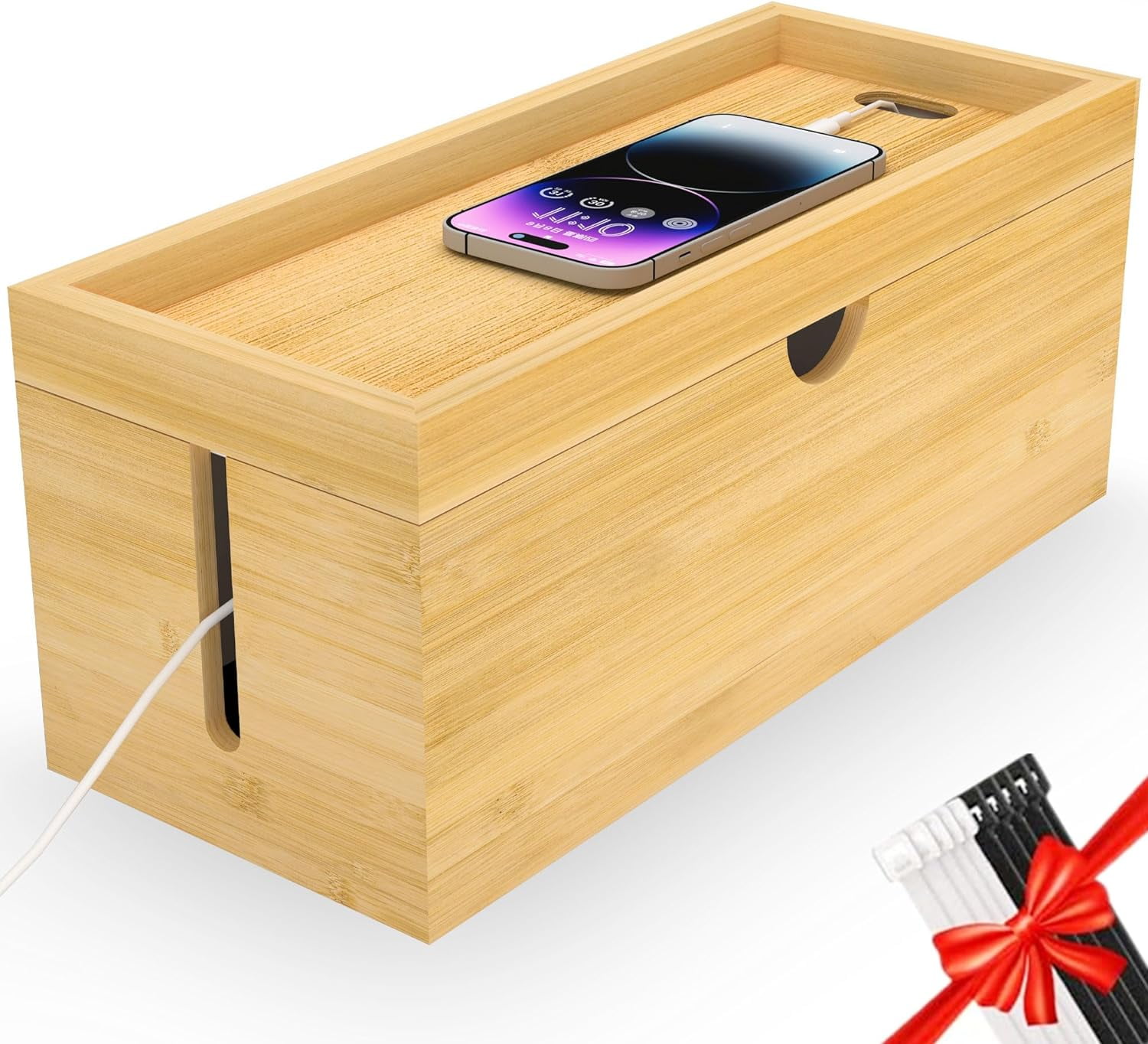 Bamboo Cable Management Box, Large Cord Organizer Box Cable Box to Hide ...