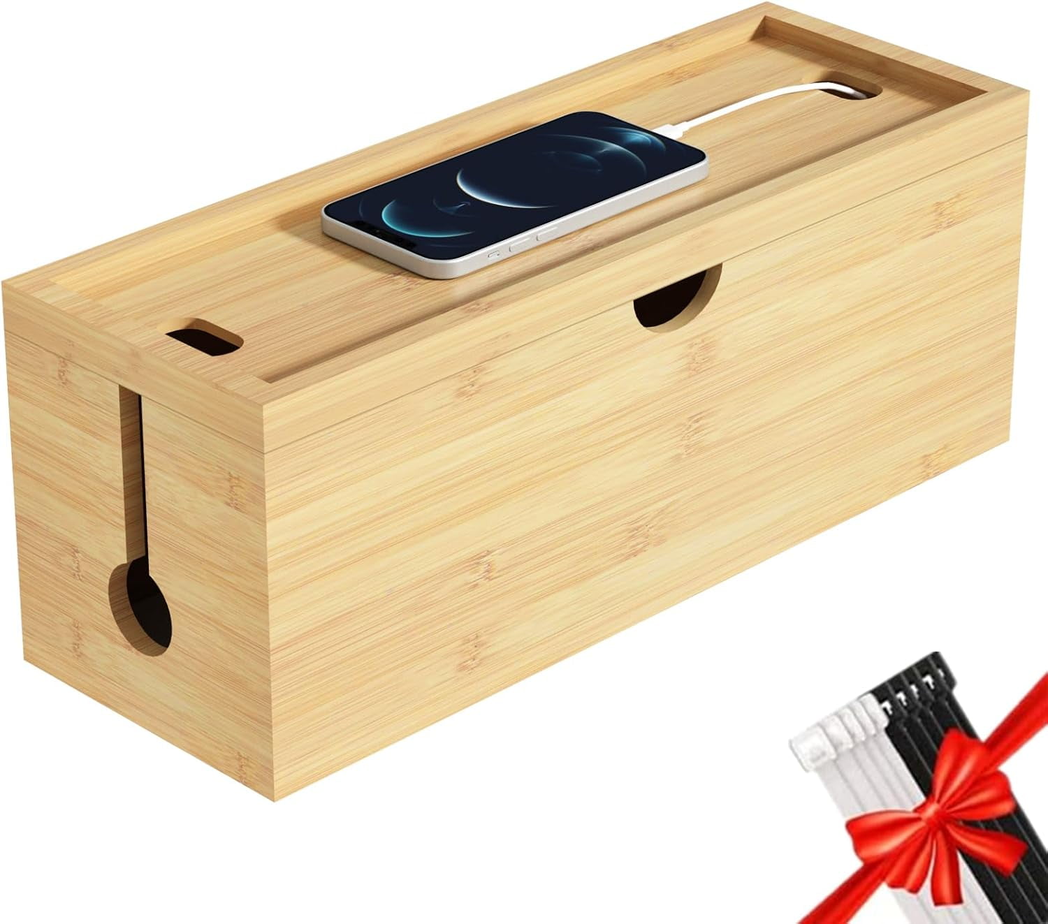 Bamboo Cable Management Box, Large Cord Organizer Box Cable Box to Hide ...