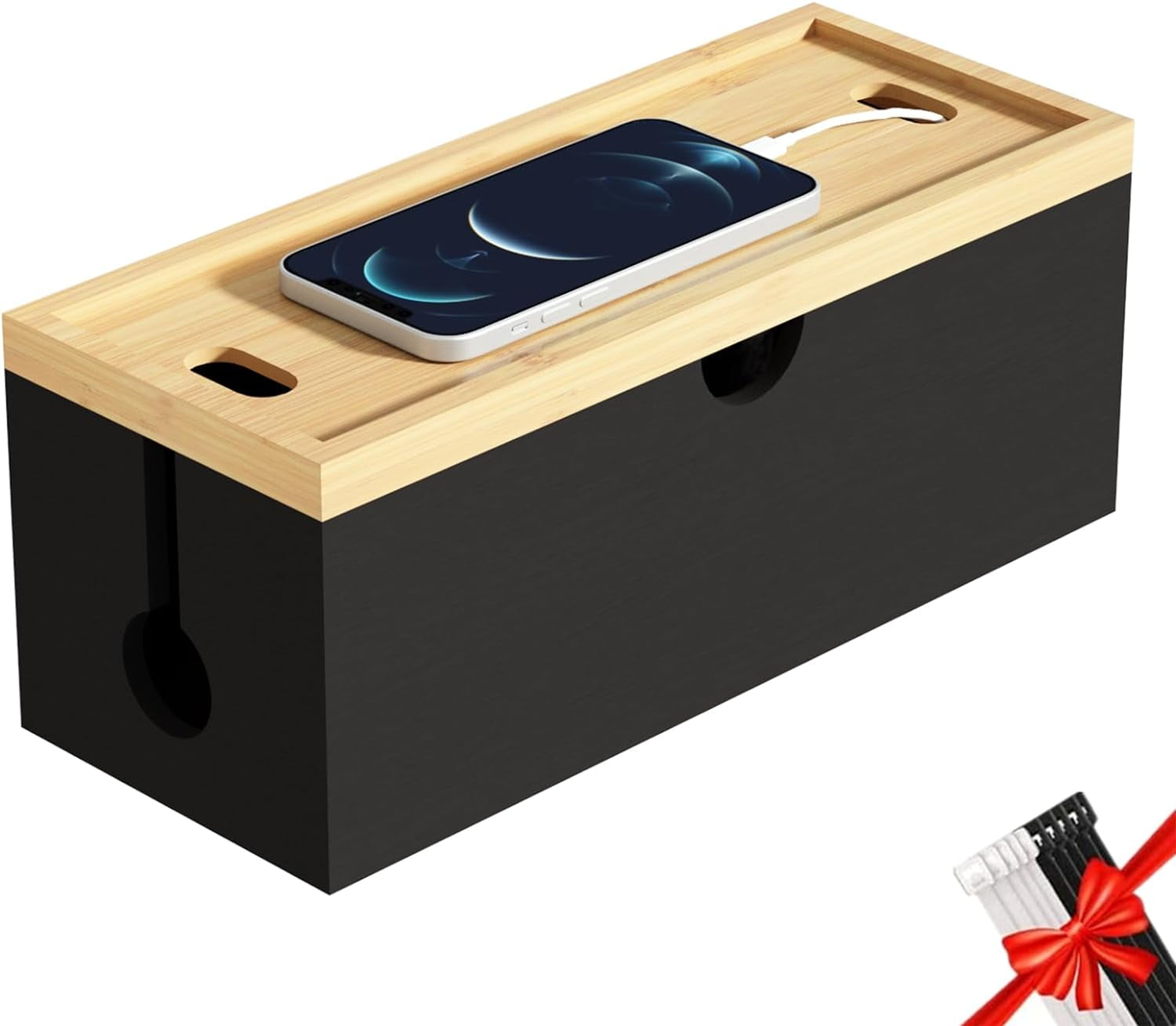 Bamboo Desk Organizer Box, Large Electrical Cable Management for Office ...
