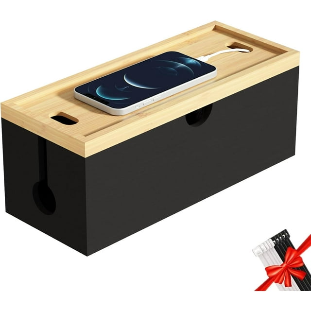 Bamboo Desk Organizer Box, Large Electrical Cable Management for Office ...