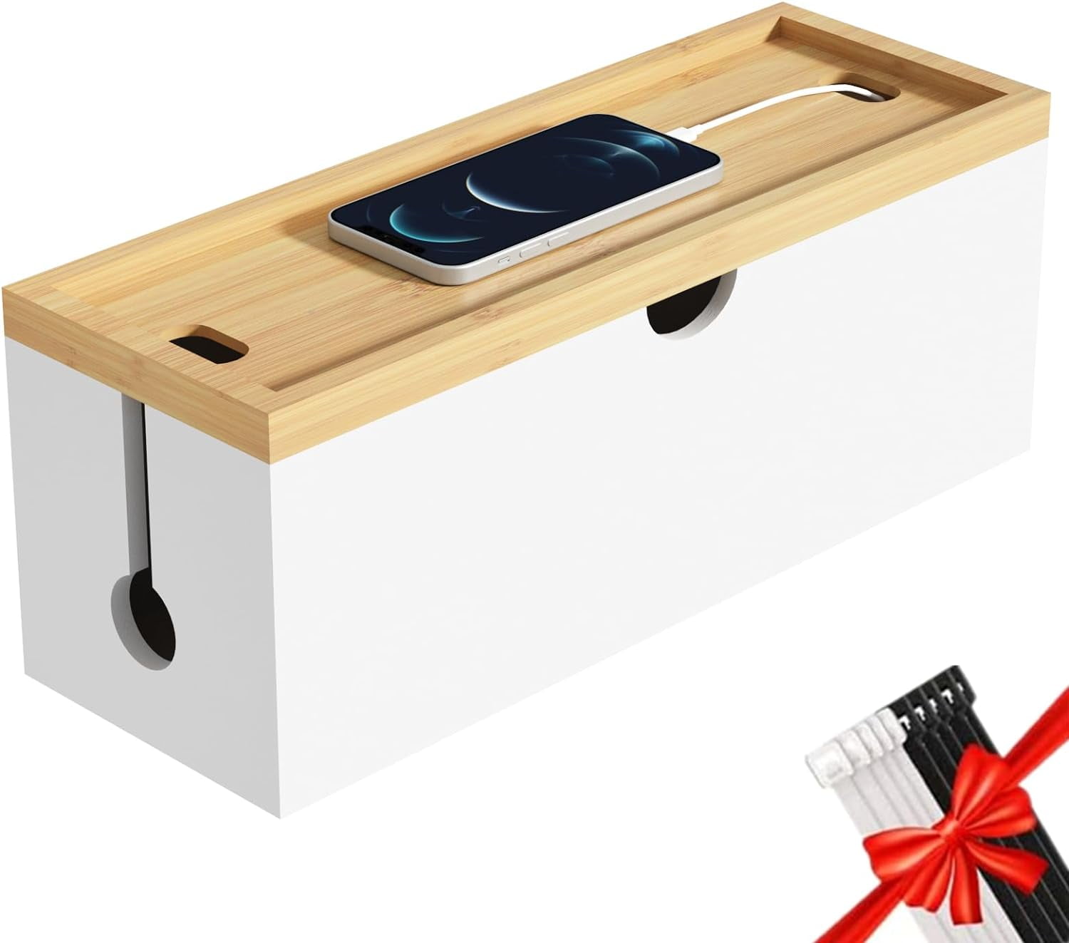 Bamboo Cable Management Box, Large Cord Organizer Box Cable Box to Hide ...