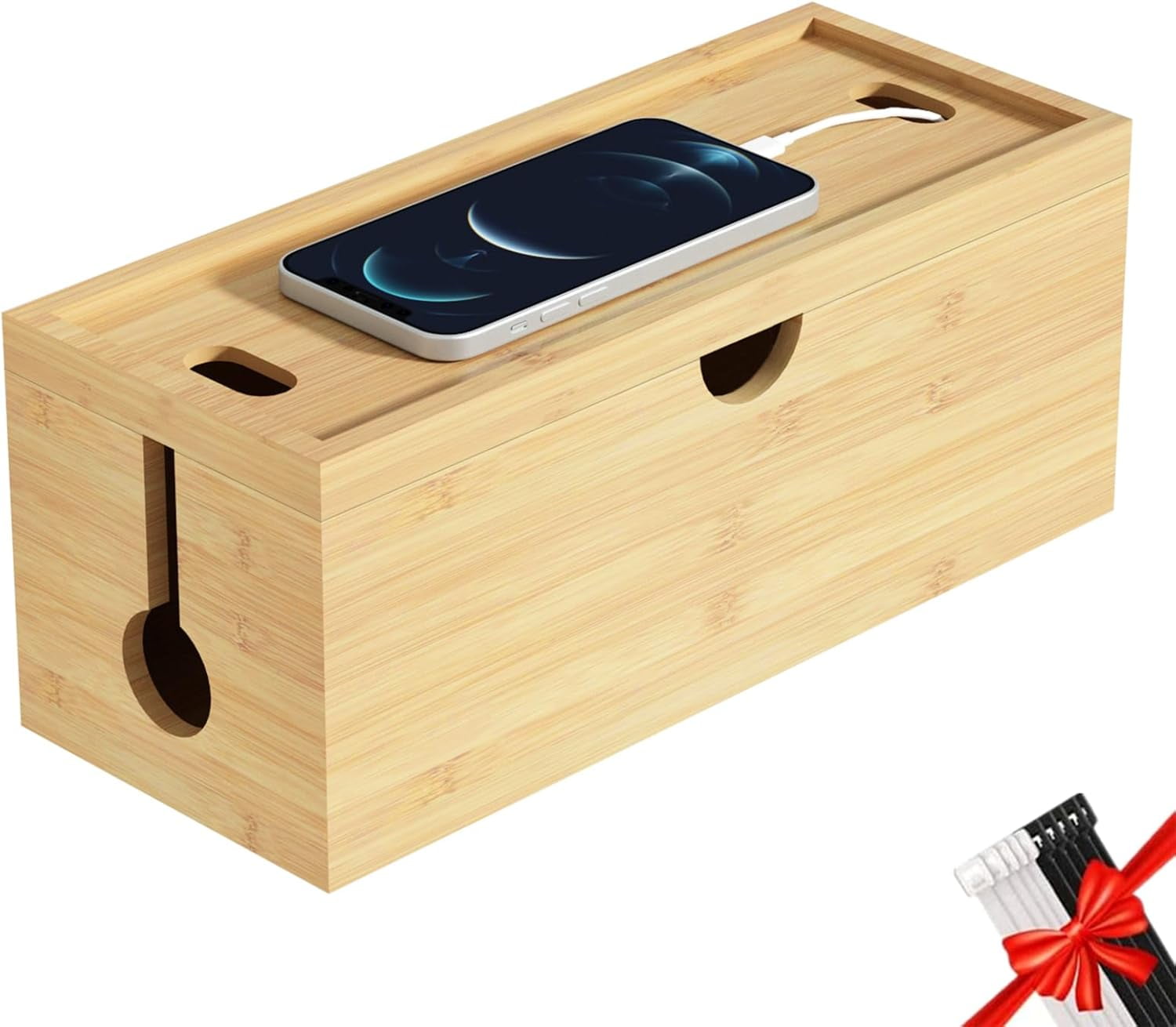 Bamboo Cable Management Box, Medium Cord Organizer Box Cable Box to ...