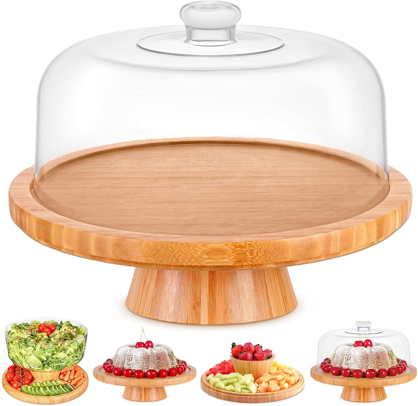 Bamboo Cake Stand with Clear Acrylic Dome Cover - 6-in-1 ...