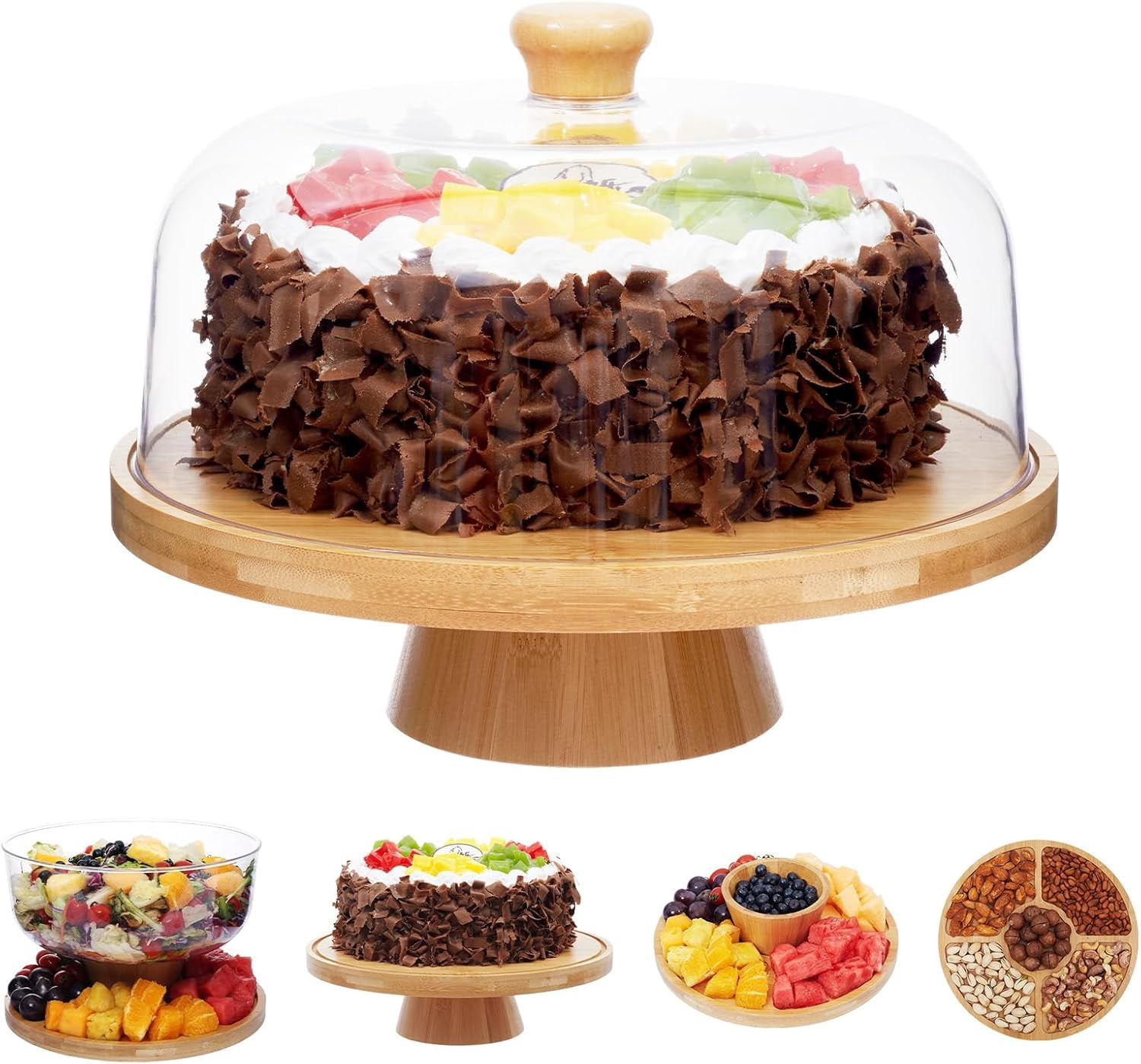 Bamboo Cake Stand with Lid, 6-in-1 Multifunctional Cake Plate, Cake ...