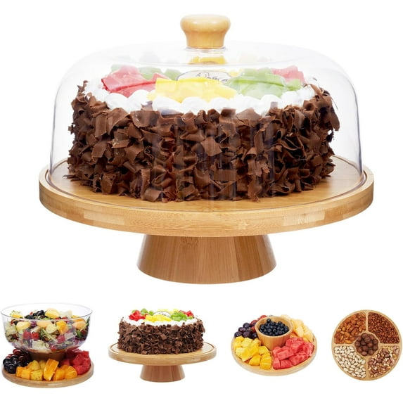 Bamboo Cake Stand with Lid, 6-in-1 Multifunctional Cake Plate, Cake ...