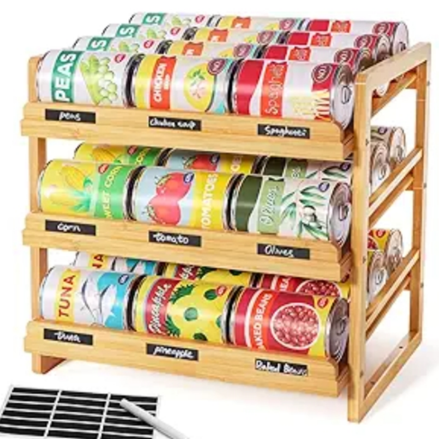 Bamboo Can Organizer for Pantry, 3 Tier Stackable Can Storage Organizer ...