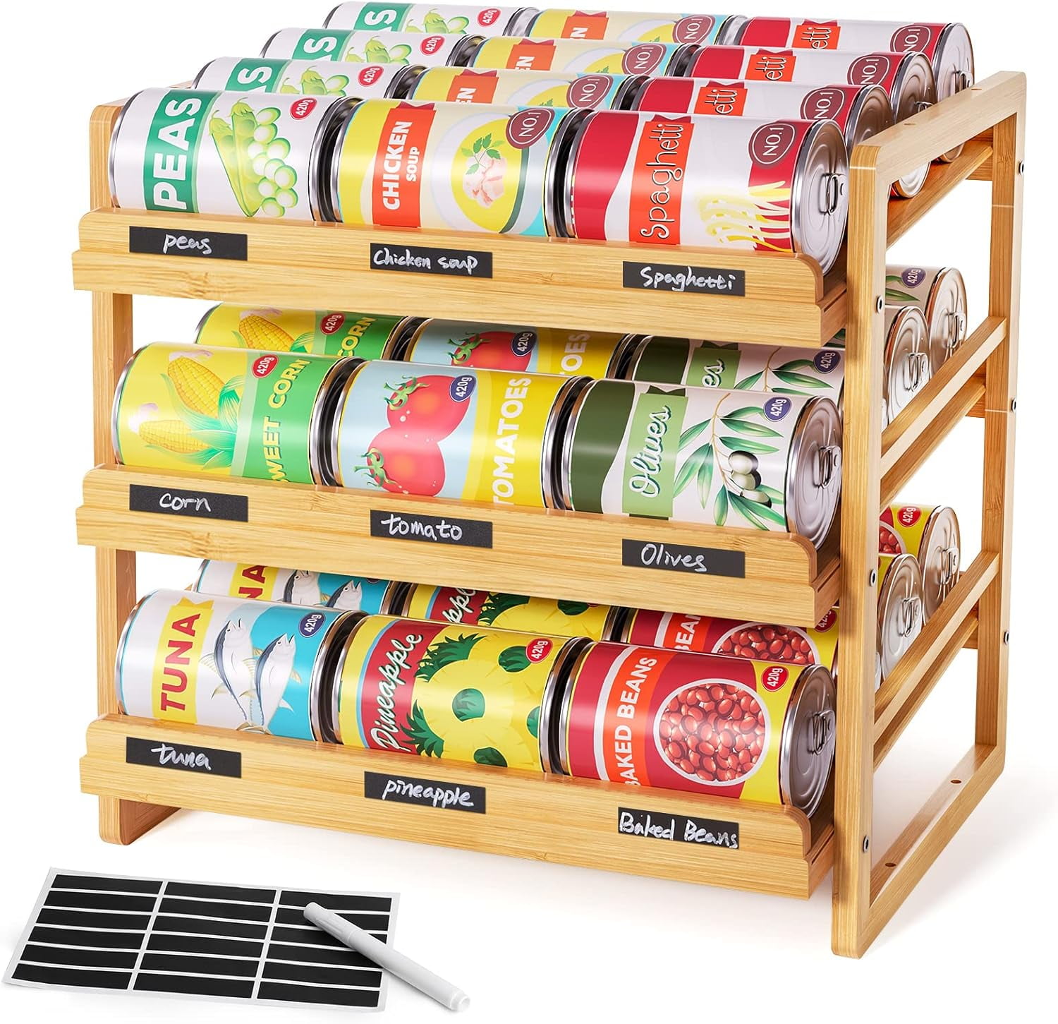 Bamboo Can Organizer for Pantry, 3 Tier Stackable Can Storage Organizer ...