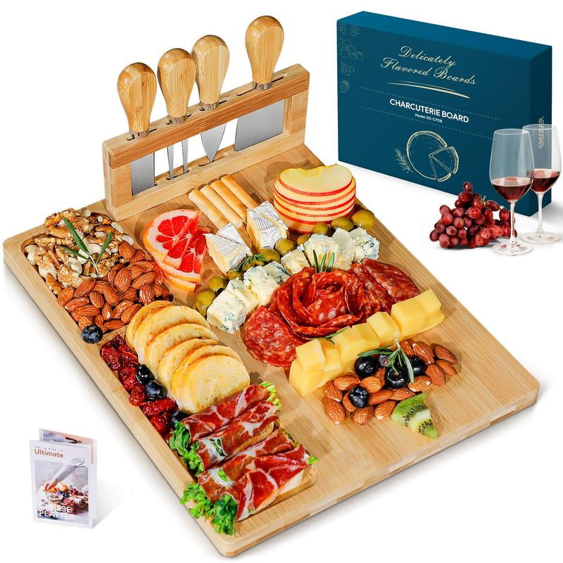 Bamboo Charcuterie Board and Knife Set, 3-in-1 Magnetic Extra Large ...