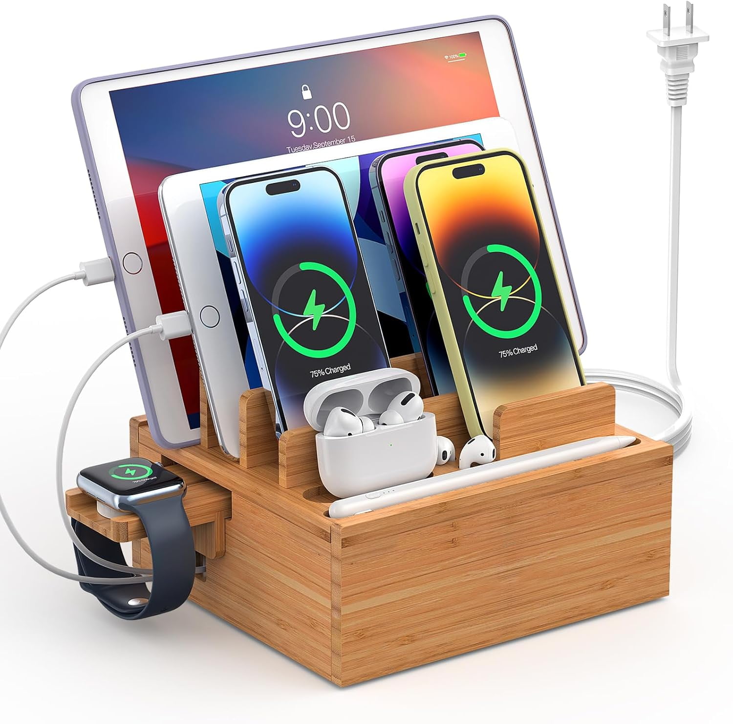Bamboo Charging Station Holder with 5 Port USB Charger, 5 x Charge ...