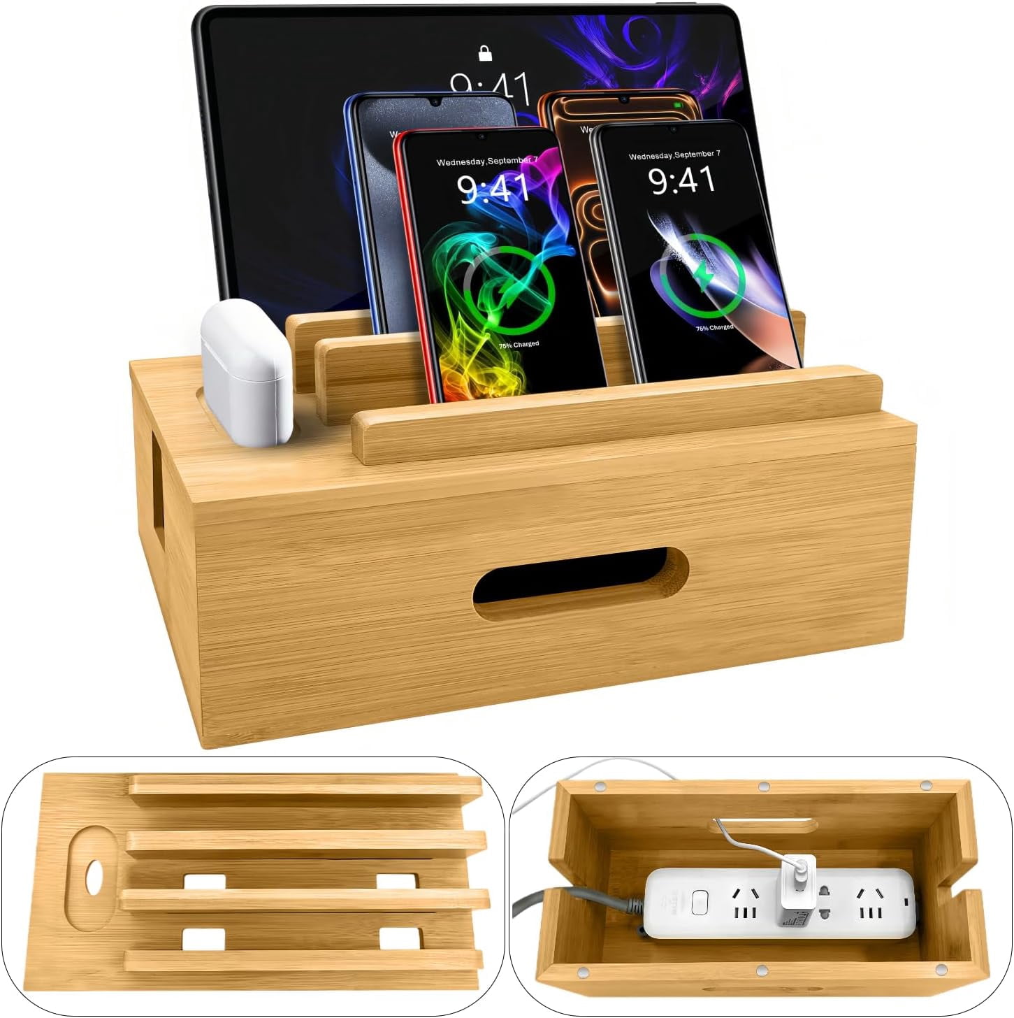 Bamboo Charging Station for Multiple Devices, Cable Management Box for ...