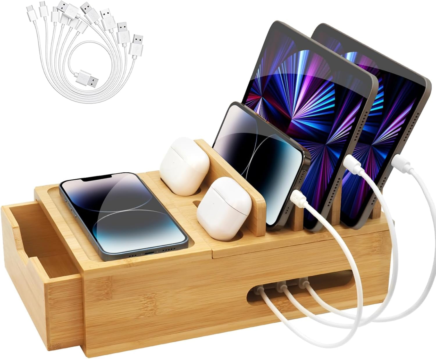 Bamboo Charging Station for Multiple Devices, Desktop Wood Charger ...