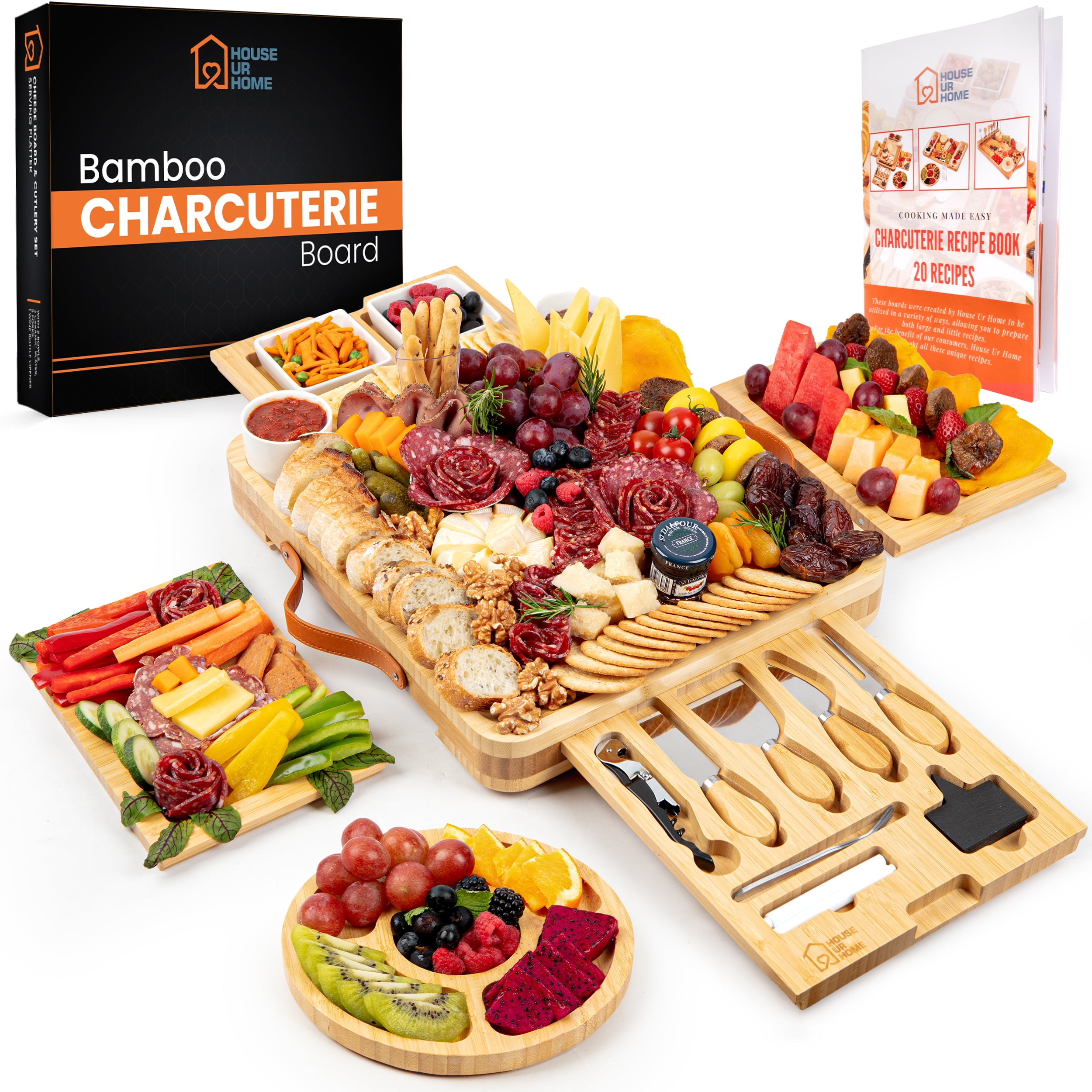 Houseurhome Bamboo Cheese Board Set with Ceramic Bowls & Utensils ...