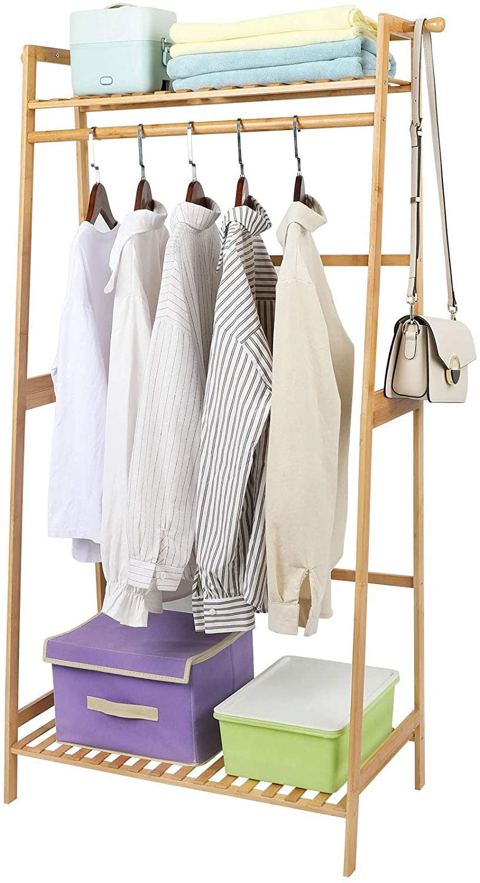 Bamboo Clothes Hanging Rack with 2 Tier Storage Shelves and 2 Coat ...