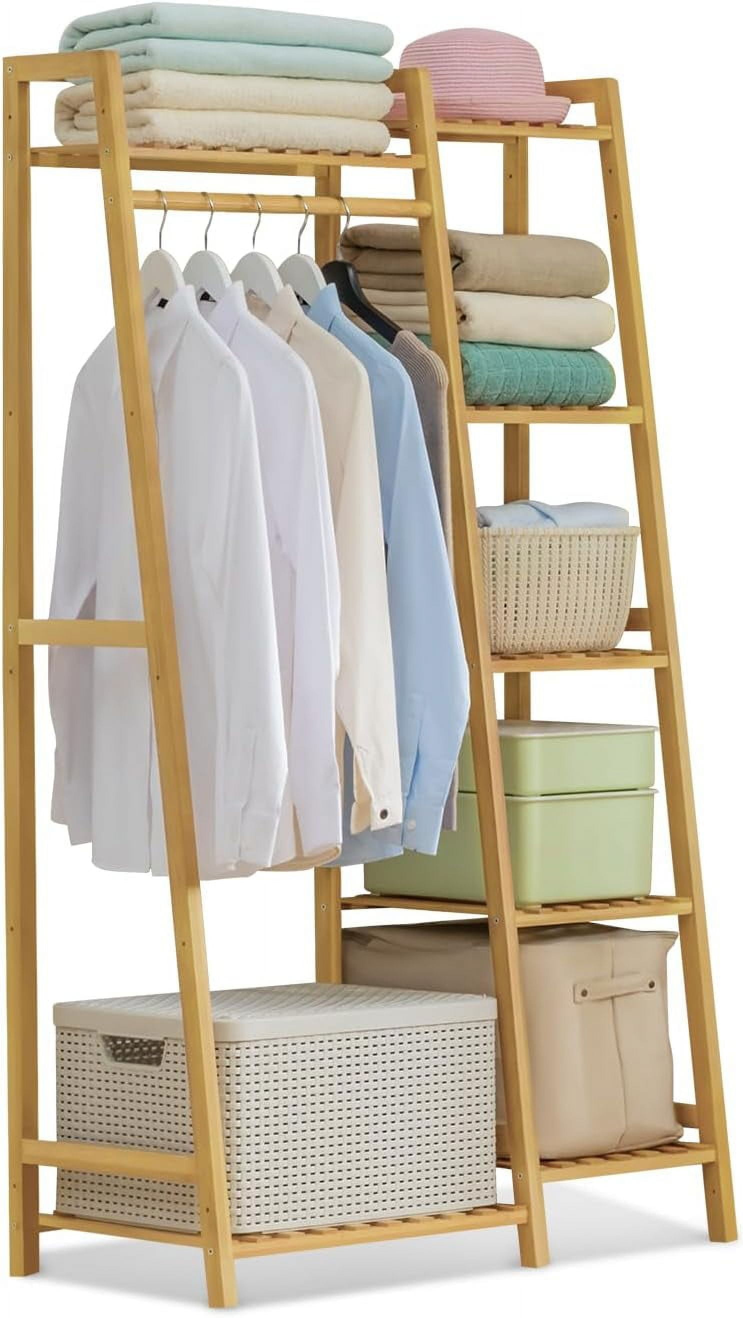 Bamboo Clothes Rack, 7 Storage Shelves Clothing Hanging Rack ...