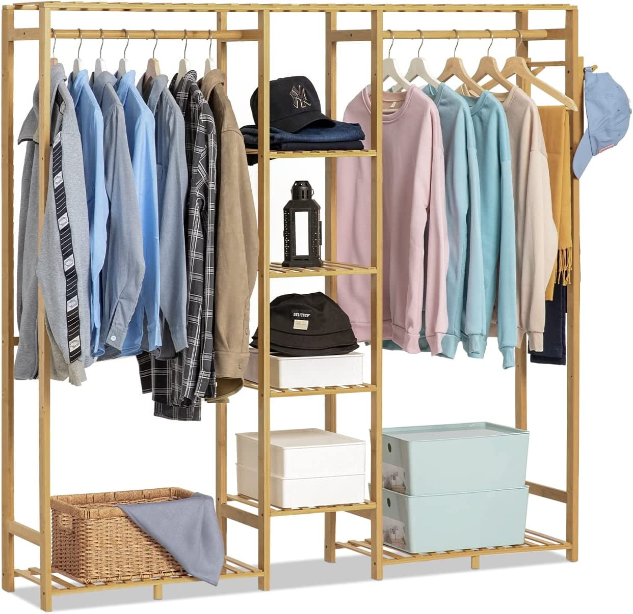 Bamboo Clothes Rack with Double Rods and Storage Shelves Free Standing ...