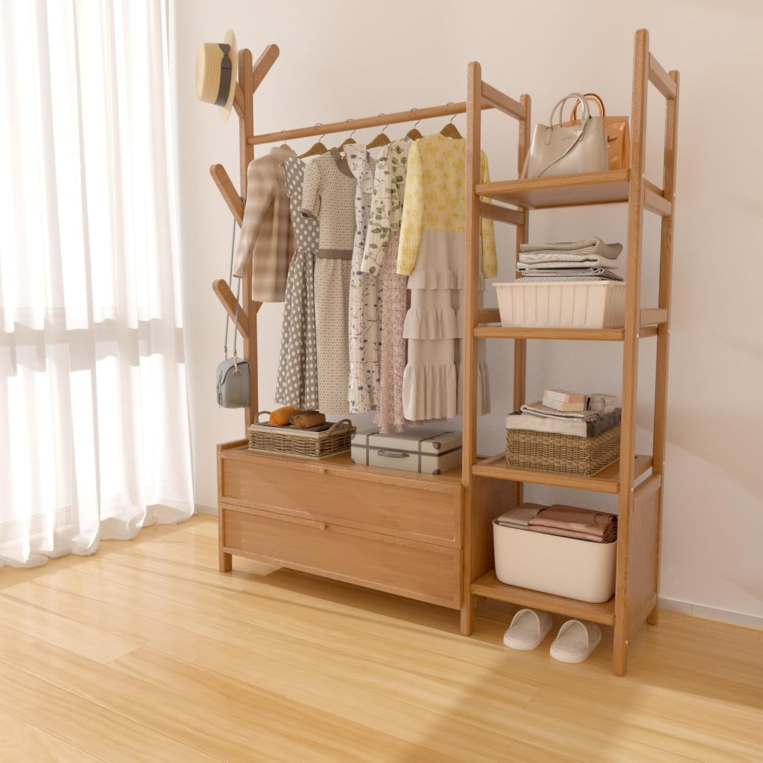 Bamboo Clothes Rack,Extra Large Garment Rack 5-Tier Storage Box Shelves ...