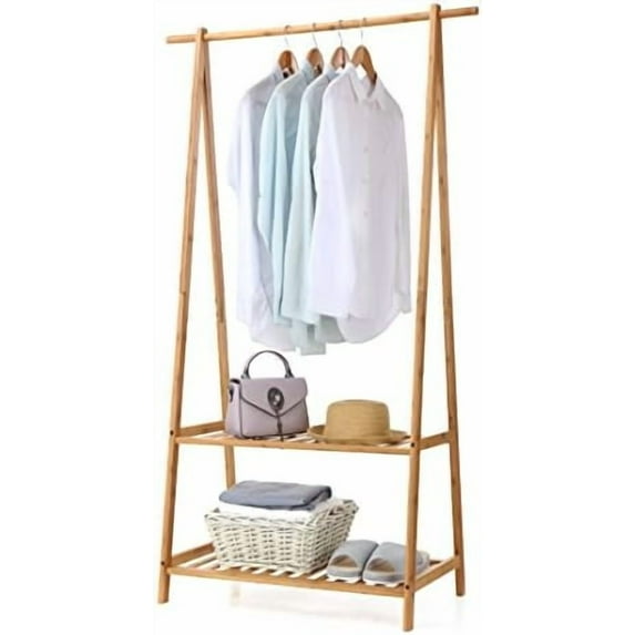 Bamboo Clothes Rack Portable Extra Large Garment Rack 2-Tire Storage ...