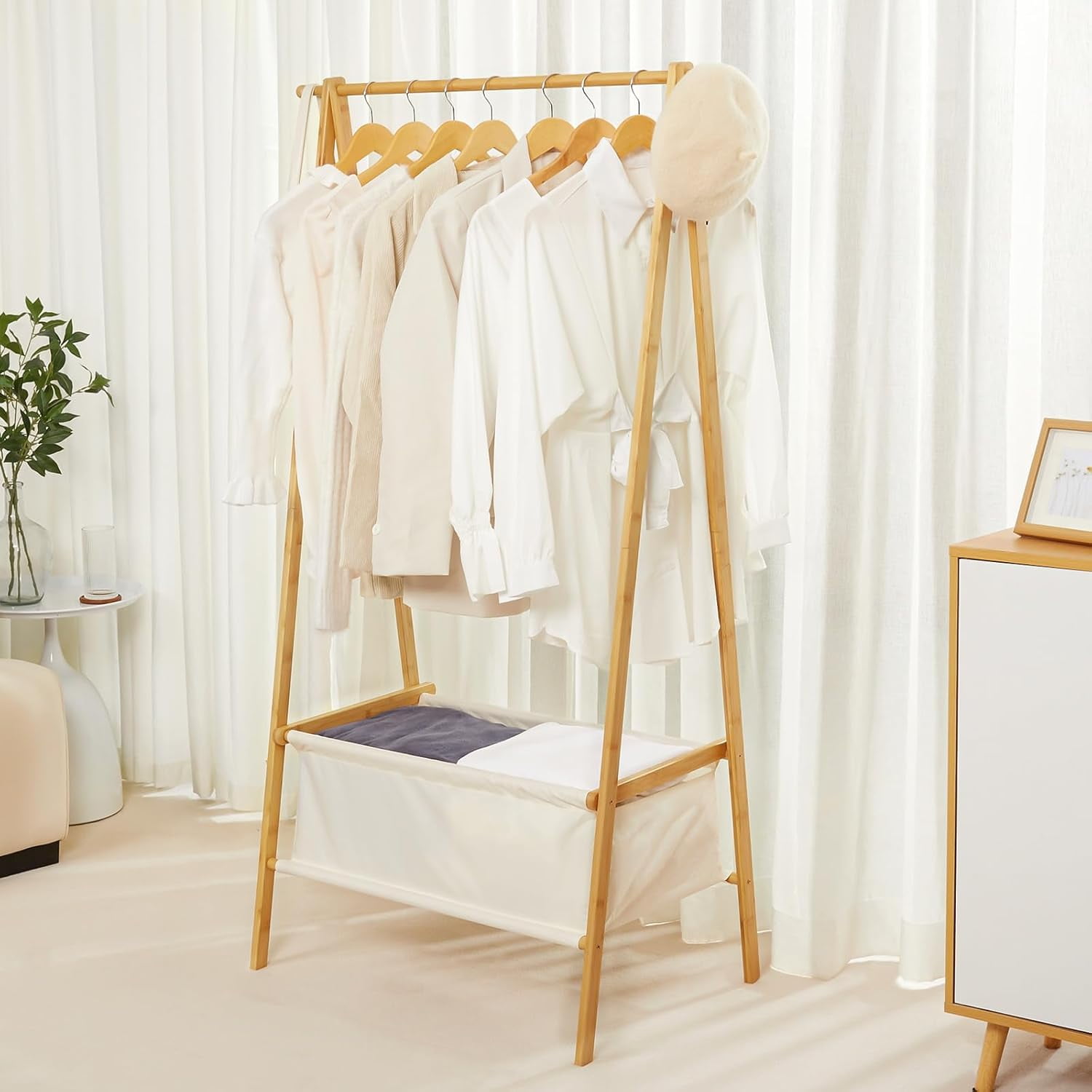 Bamboo Clothes Rack with Storage Box, Garment Rack Clothing Racks for ...