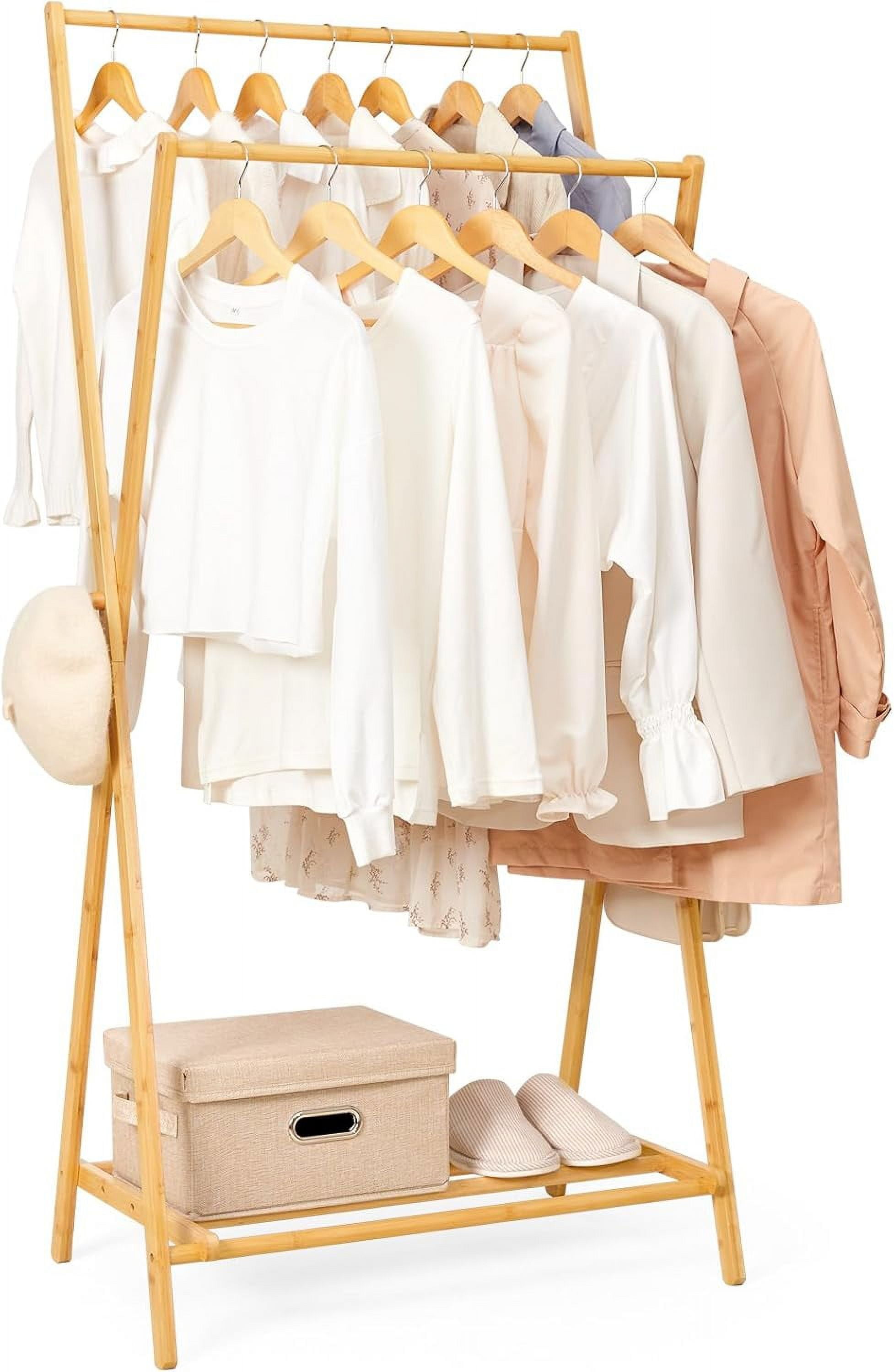Bamboo Clothes Rack with Storage Shelf, Portable Garment Holder ...